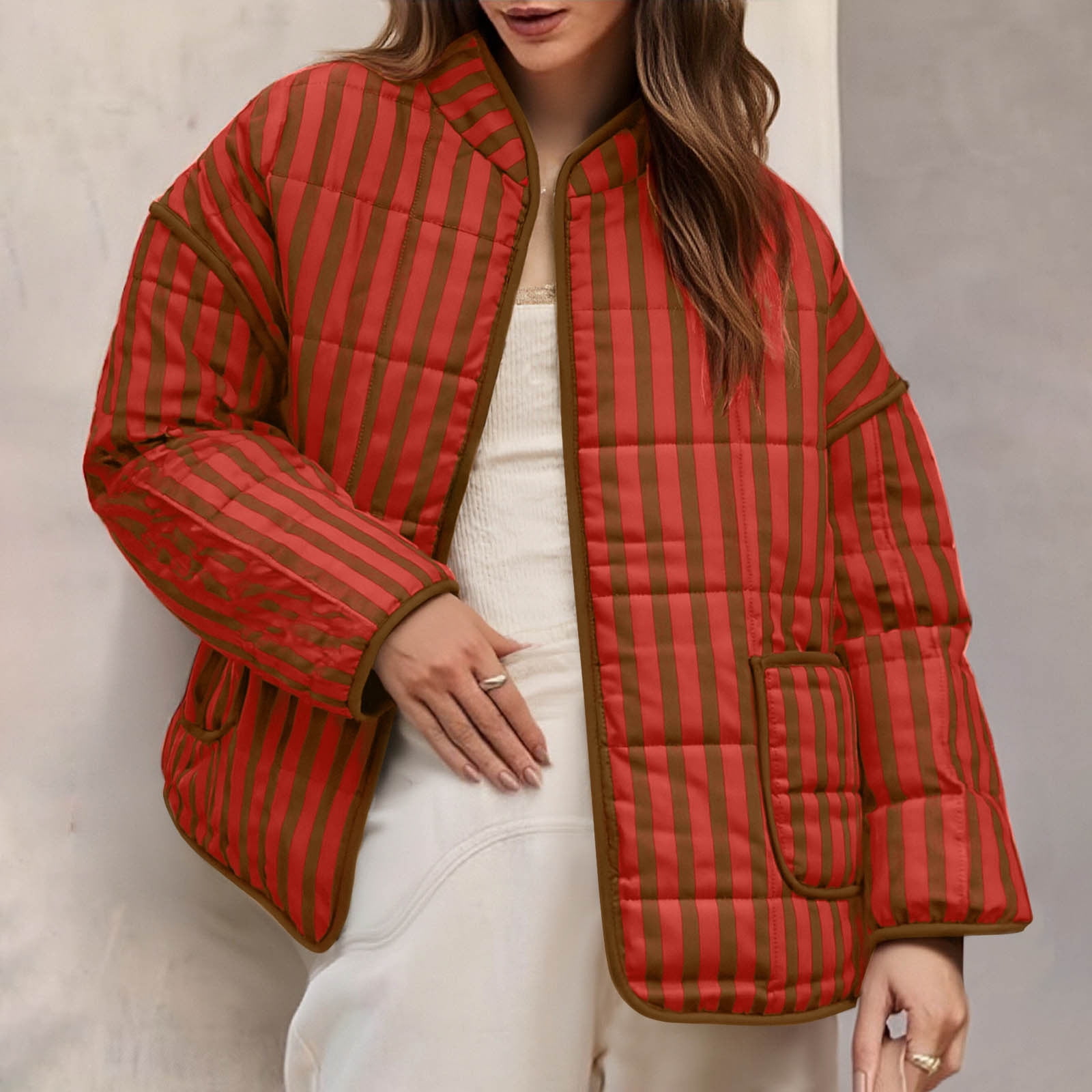 YueHuiYing Women's Loose Retro Striped Quilted Jacket Stand Collar ...