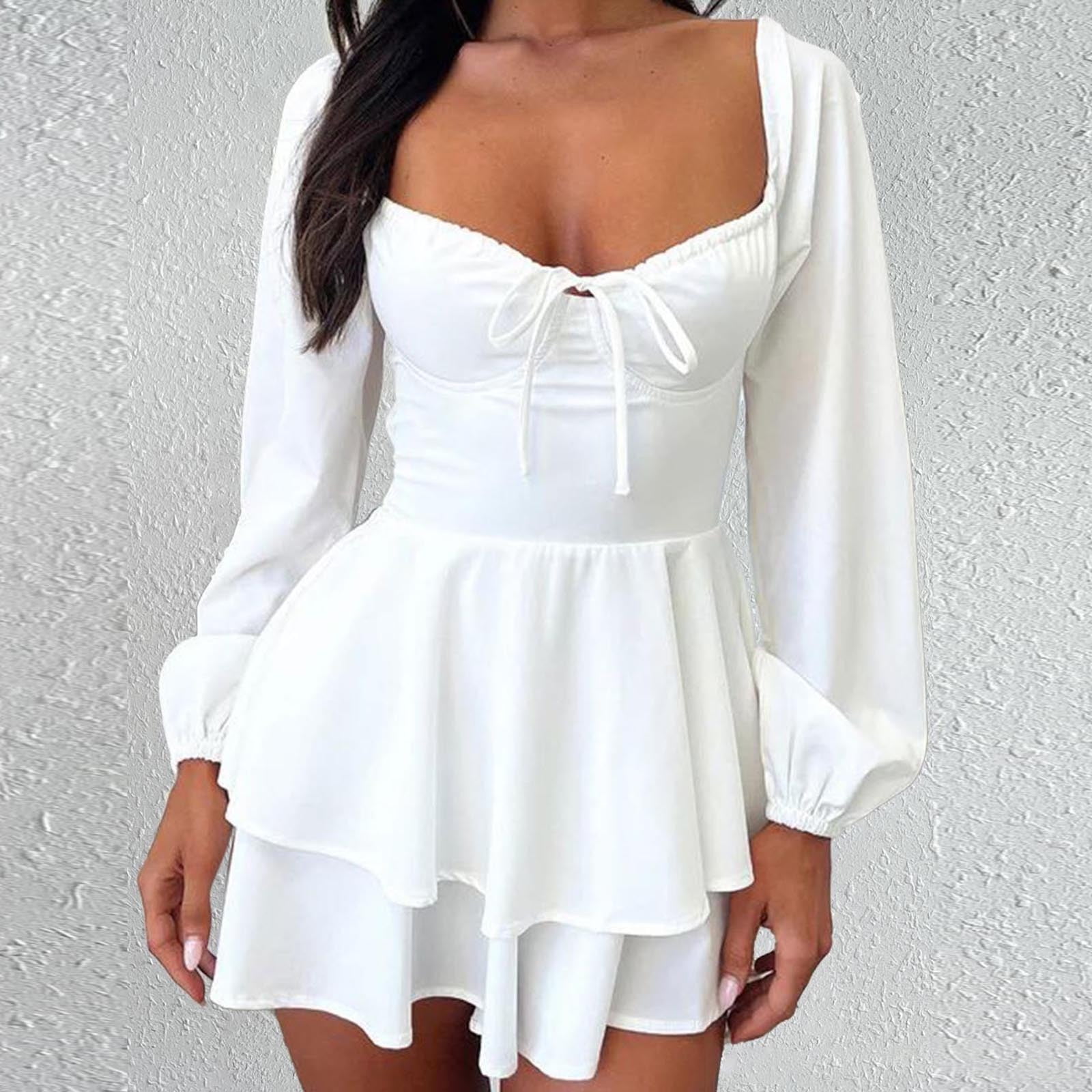YueHuiYing Women's Square Neck Long Sleeve Mini Dress Ruched Corset ...