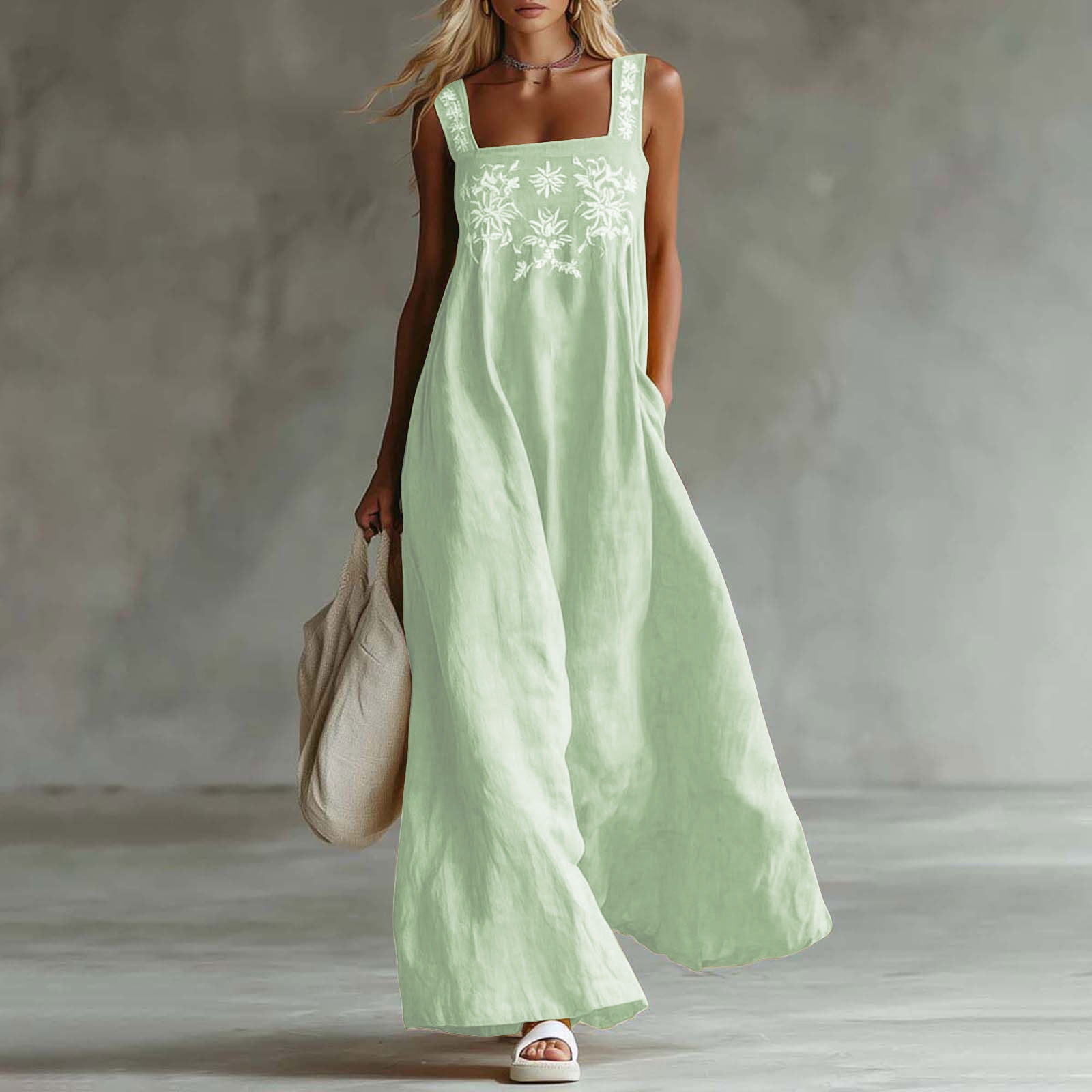 YueHuiYing Women's Square Neck Sleeveless Maxi Dress with Allover ...