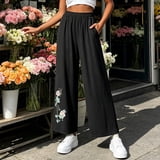 YueHuiYing Women's Summer Linen Blend Wide Leg Pants with Floral ...