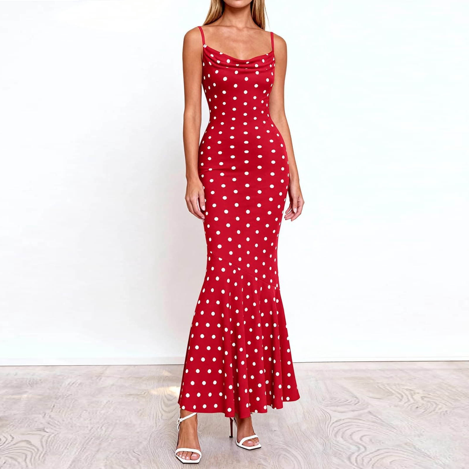 YueHuiYing Women's Summer Sexy Square Neckline Waist-Defining Polka Dot ...