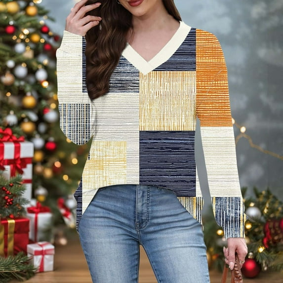 YueHuiYing Women's Top - Regular Color-Block Print V-Neck Long Sleeve ...