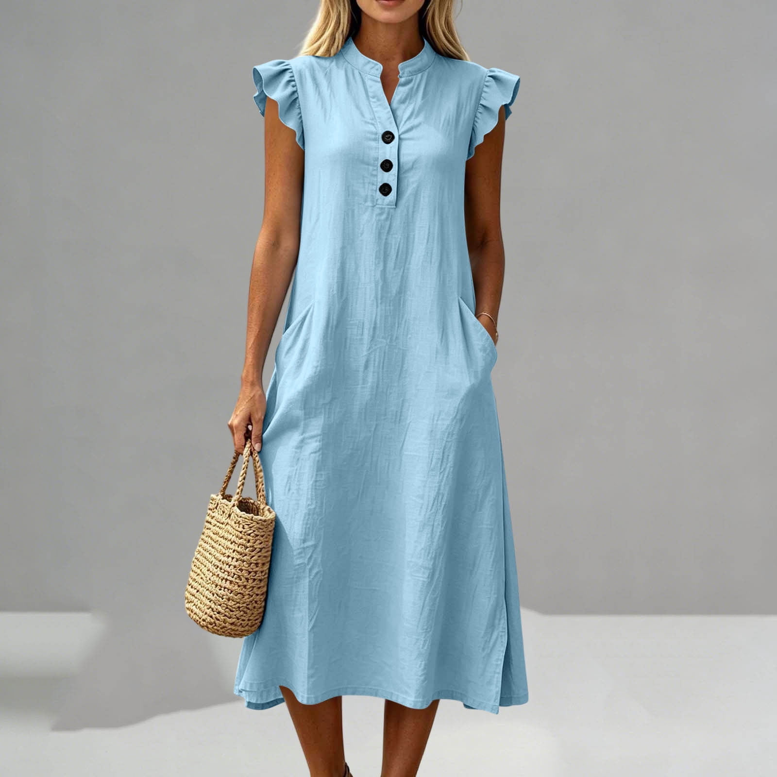 YueHuiYing Women's V-Neck Button Detail Flutter Sleeve Relaxed Fit ...