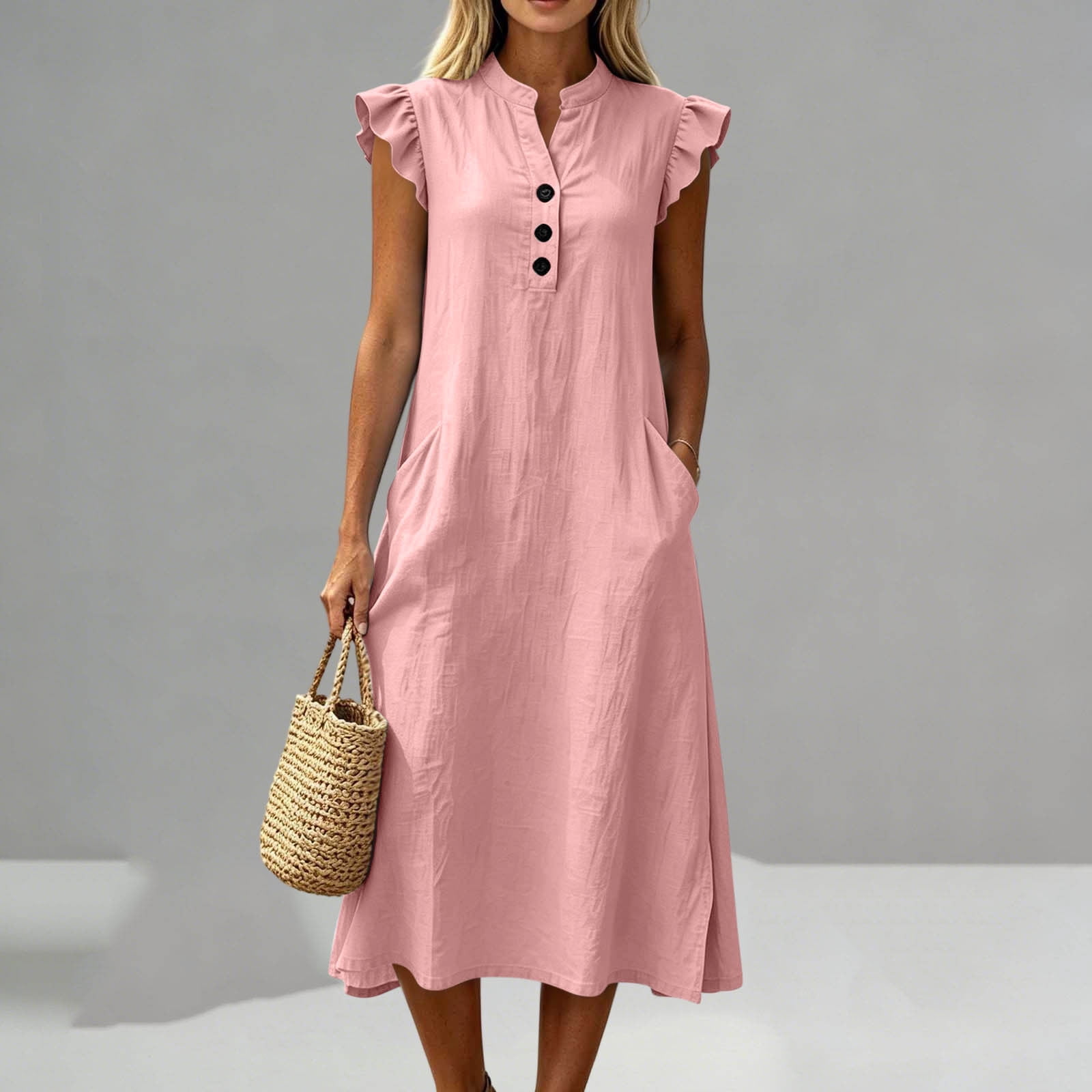 YueHuiYing Women's V-Neck Button Detail Flutter Sleeve Relaxed Fit ...