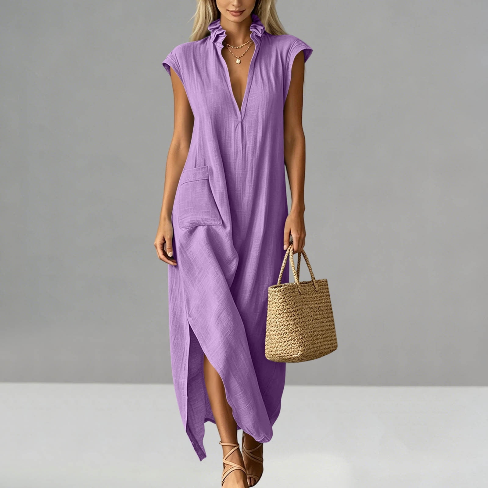 YueHuiYing Women's V-Neck Sleeveless Relaxed Fit Midi Dress with Side ...