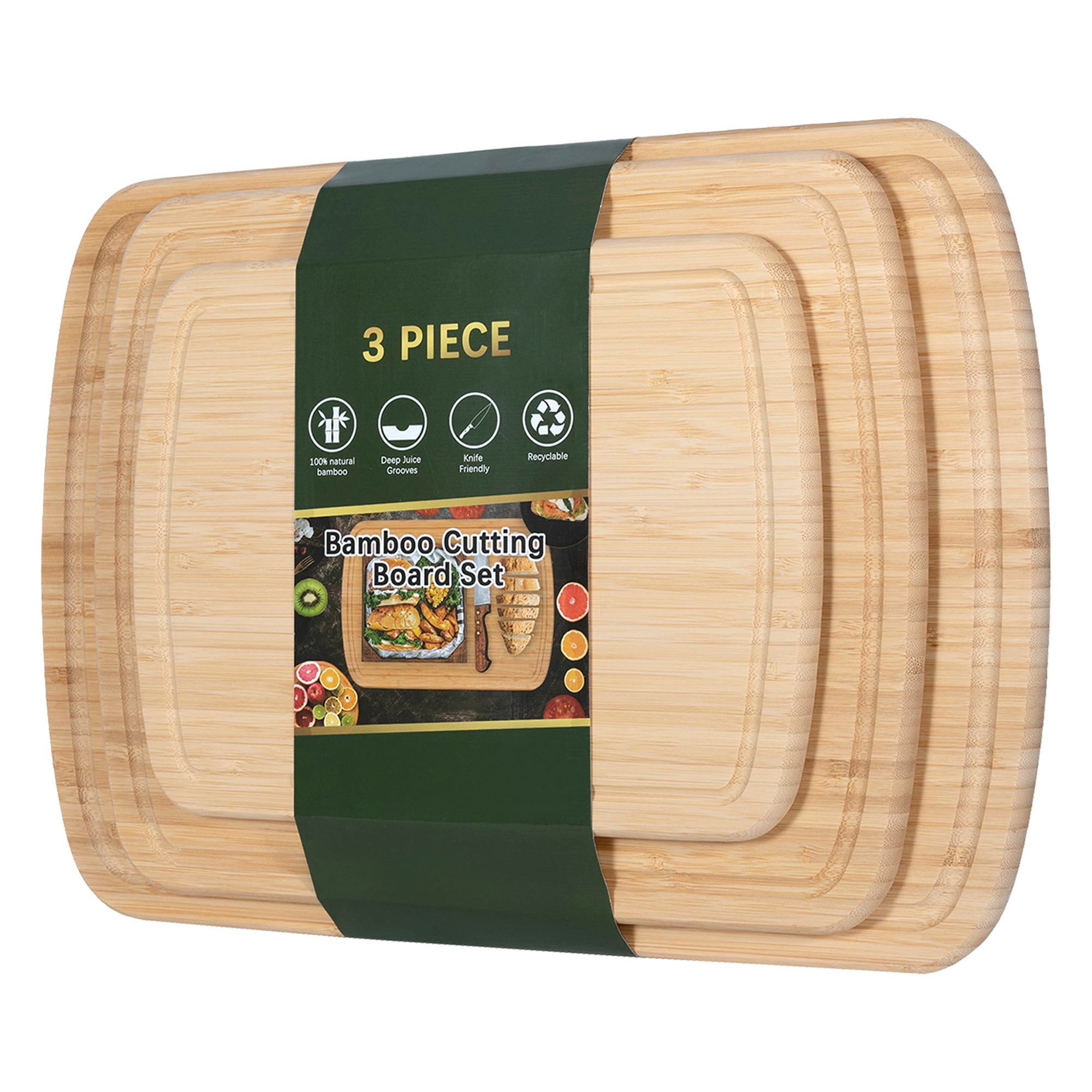 FungYuan 3-Piece Kitchen Cutting Board Set-Bamboo Wood Kitchen Chopping ...