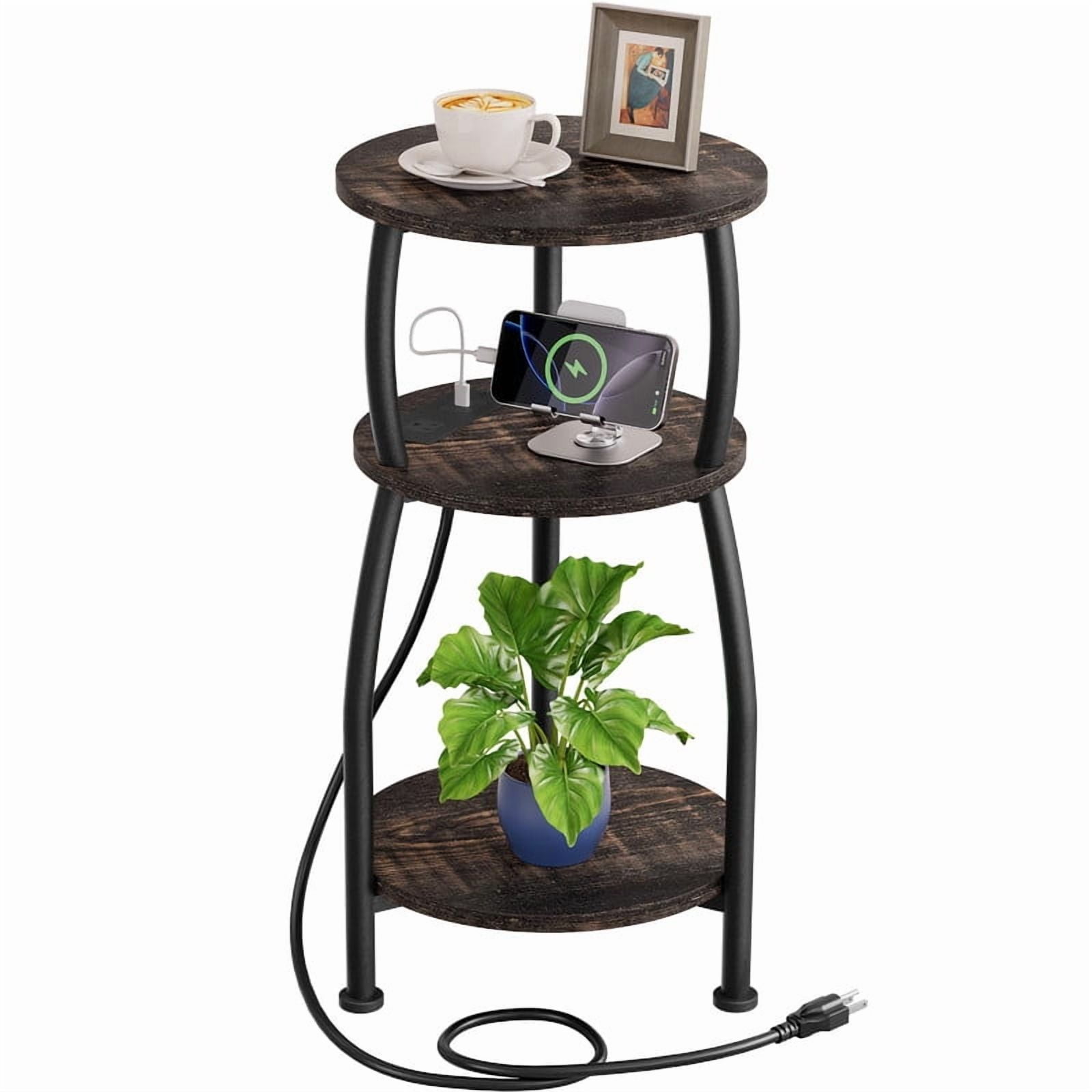 Yuede Small Round Side Table with Charging Station, 3-Tier Rustic Wood ...