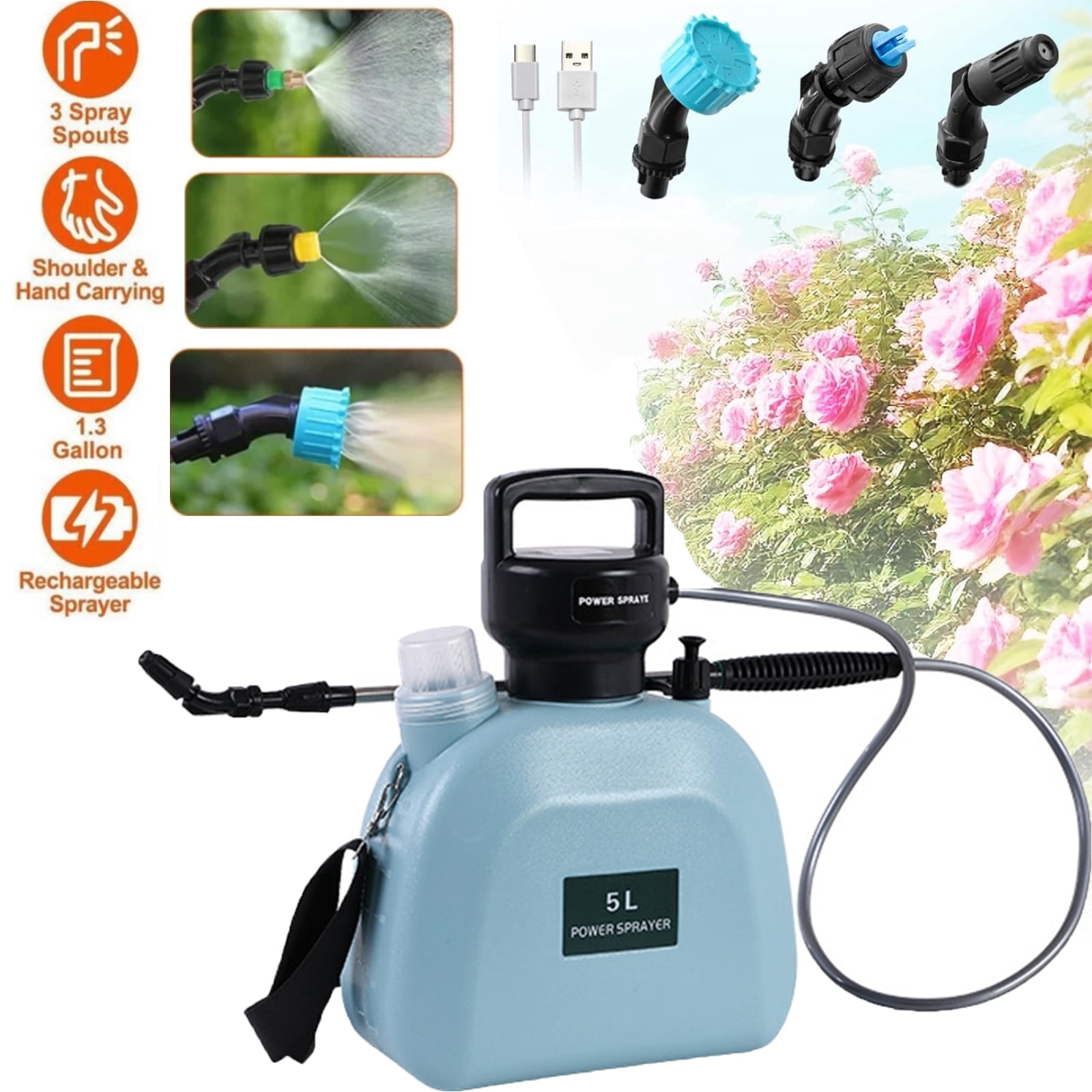 Yuehuam Electric Sprayer with 3 Mist Nozzles, 1.35Gallon Rechargeable ...
