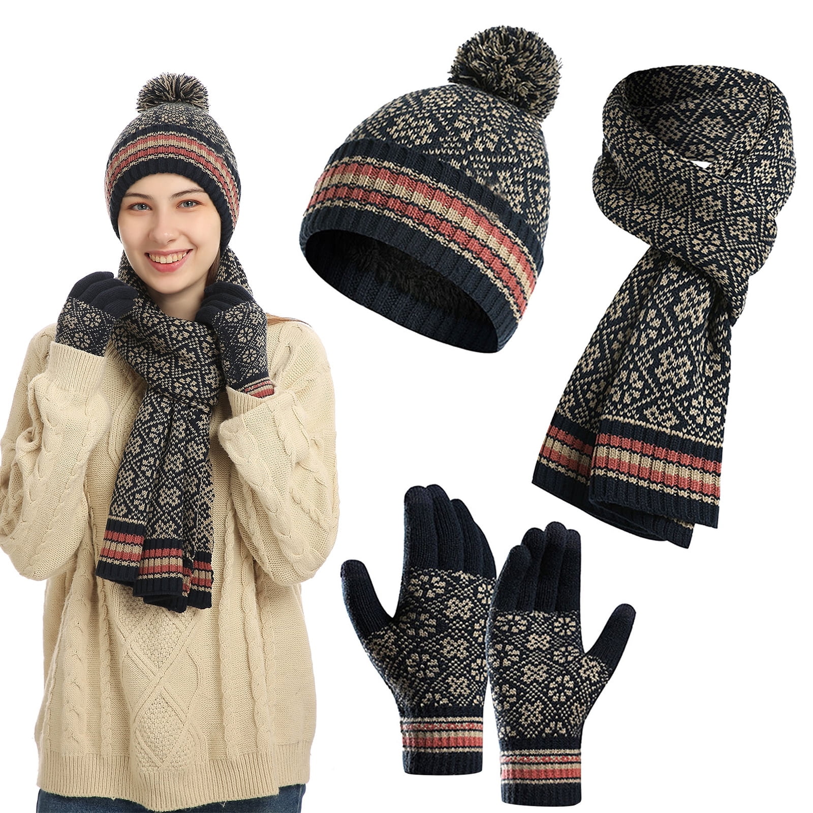 Yuelianxi 3 Piece Winter Hat Scarf and Touchcreen Gloves for Women Snow ...