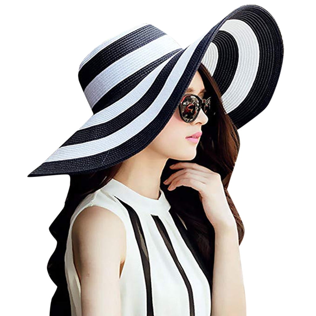 Yuelianxi Womens Big Bowknot Straw Hat Stripe Floppy Foldable Roll Up