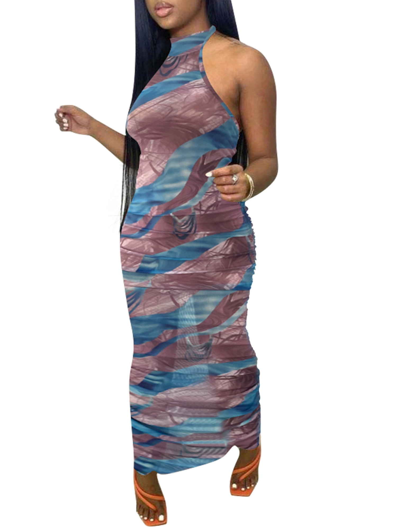 Yuemengxuan Women Charming Close-fitting Dress, Variegated Color Halter ...