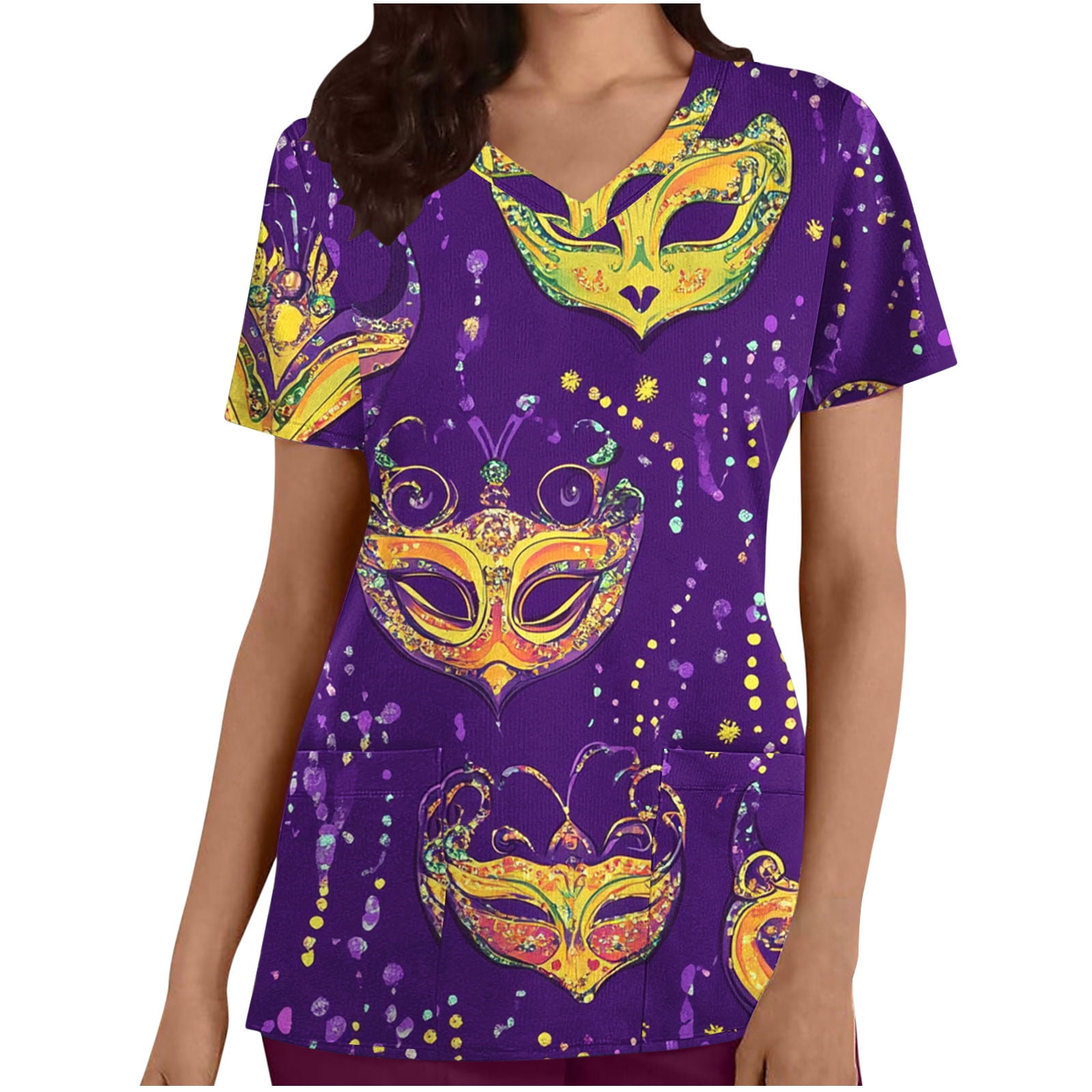 SwiftWear Holiday Scrubs for Women Mardi Gras Mask Printed Work Uniform ...