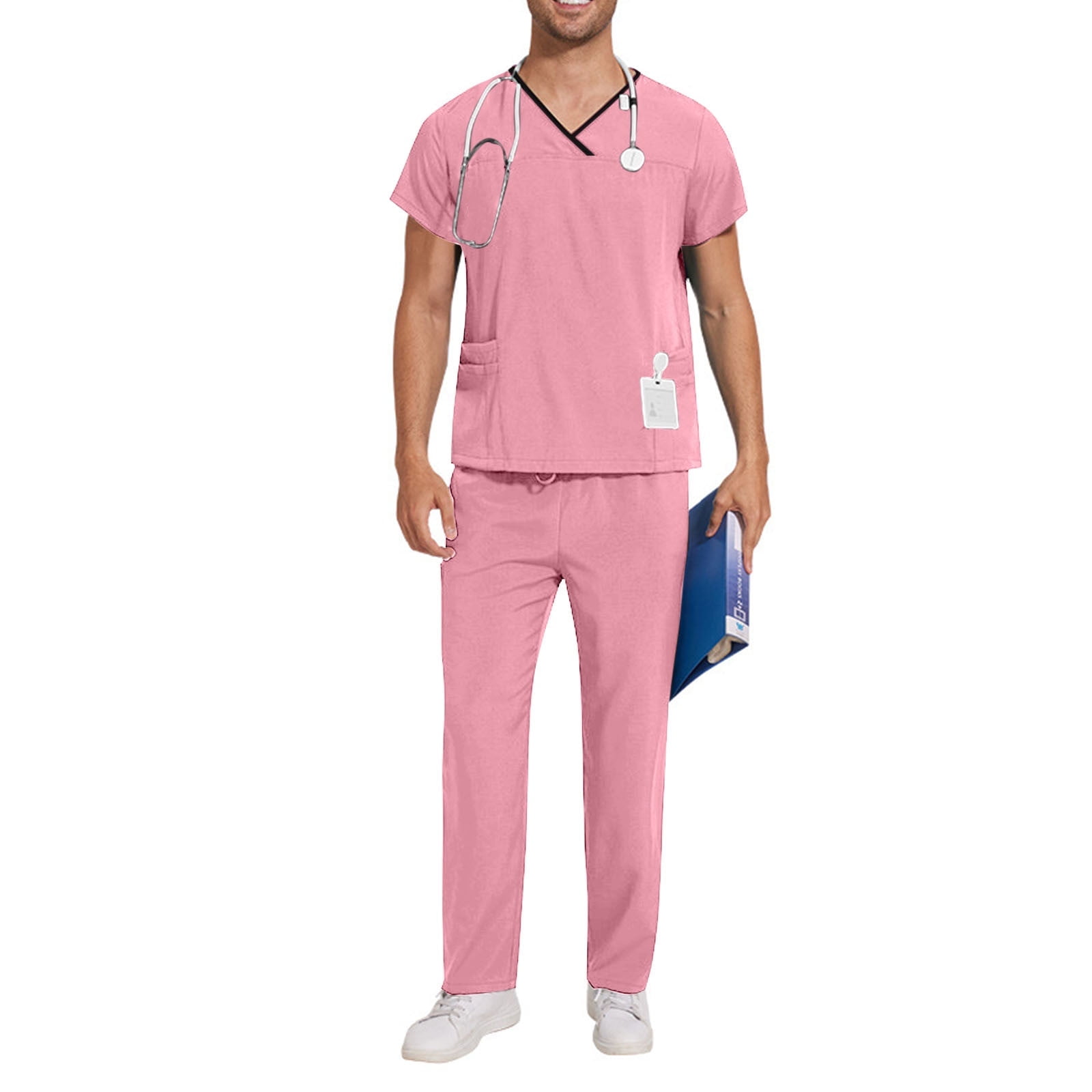 SwiftWear Pink Scrub Set for Men, Cross V-Neck Scrub Top & Drawstring ...