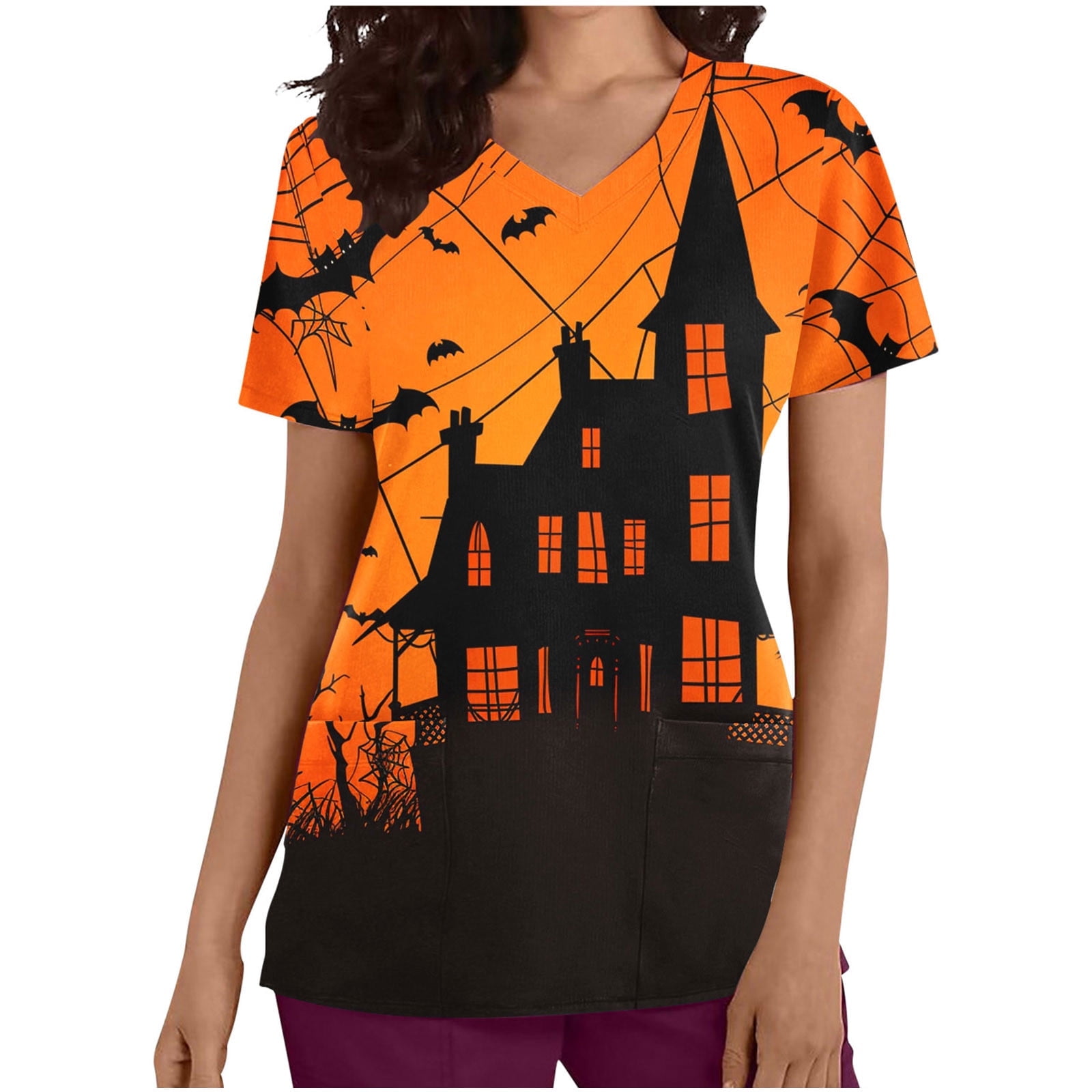 Yufatyle Short Sleeve V-Neck Halloween Scrub Tops with Pockets Nurse ...