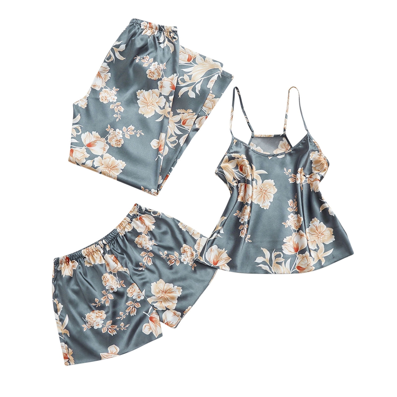 Yufatyle Womens 3 Pcs Pajamas Set Silk Satin Sleeveless Sleepwear ...