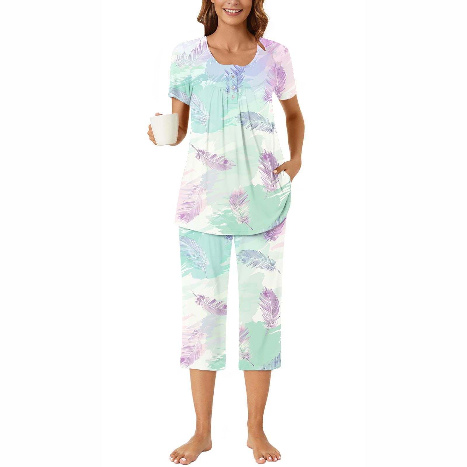 SwiftWear Womens Pajama Sets Casual Round Neck Button Pleated Short ...