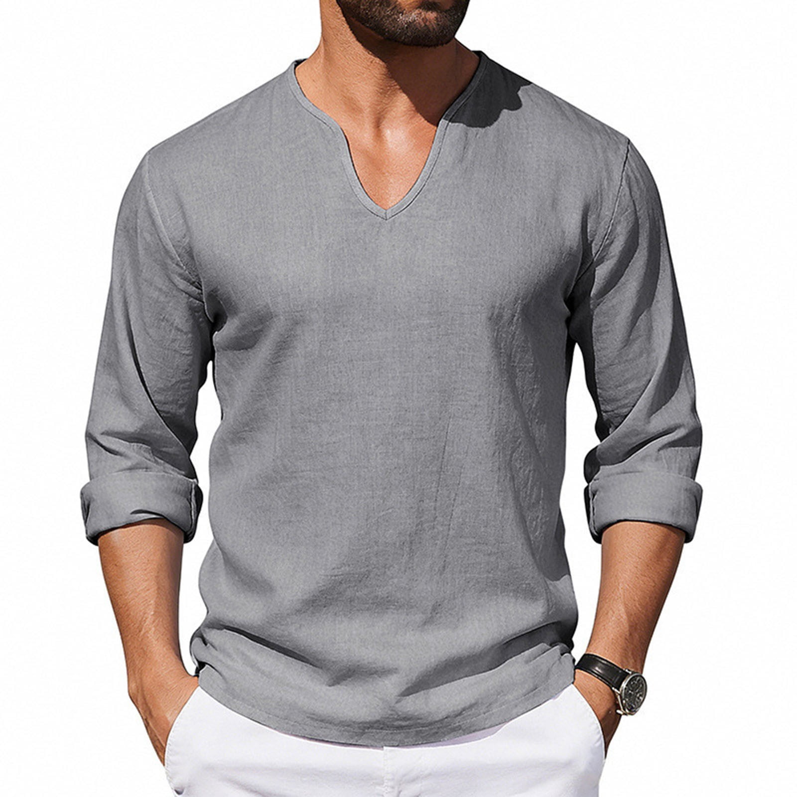 Yuhangmm Mens Tshirt Men Loose Fit Casual Long Sleeve Shirt With Collar ...