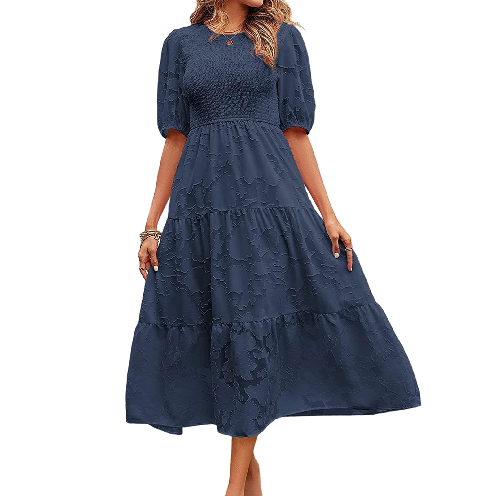 Yuhsdv Short Sleeve Dress Puff Sleeve Beach Sundress Round Neck Simple ...