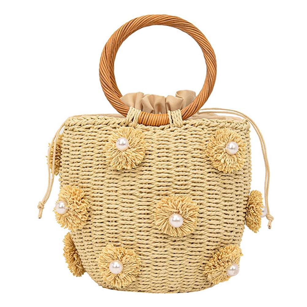 Yuhsdv Women Straw Bucket Bag with Pearls Drawstring Wrist Bag Summer ...