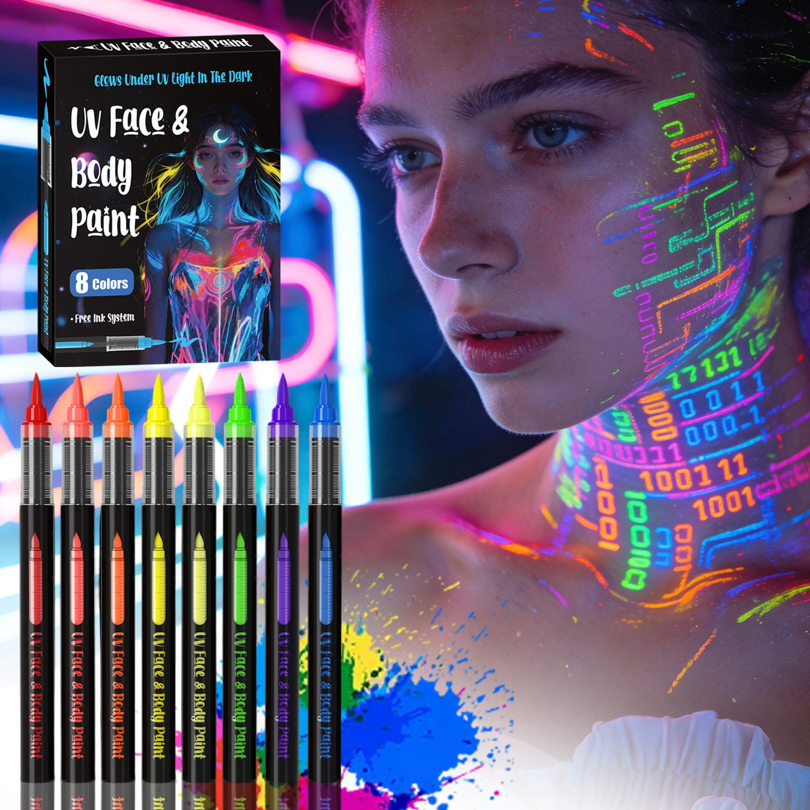 YujiCraft 8-Color UV Reactive Marker Pens, 8ml, Carnival & Festival ...