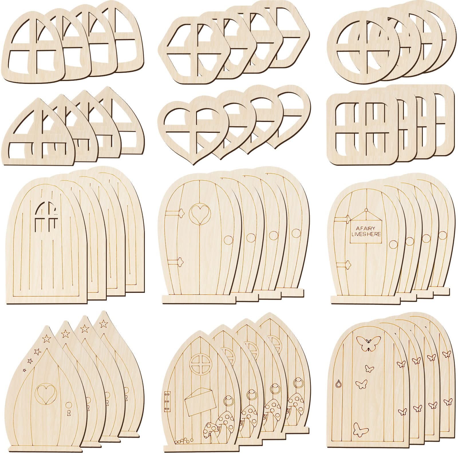 Yulejo 48 Pcs Fairy Door Wooden Garden Doors Craft Mini Window Fairy ...
