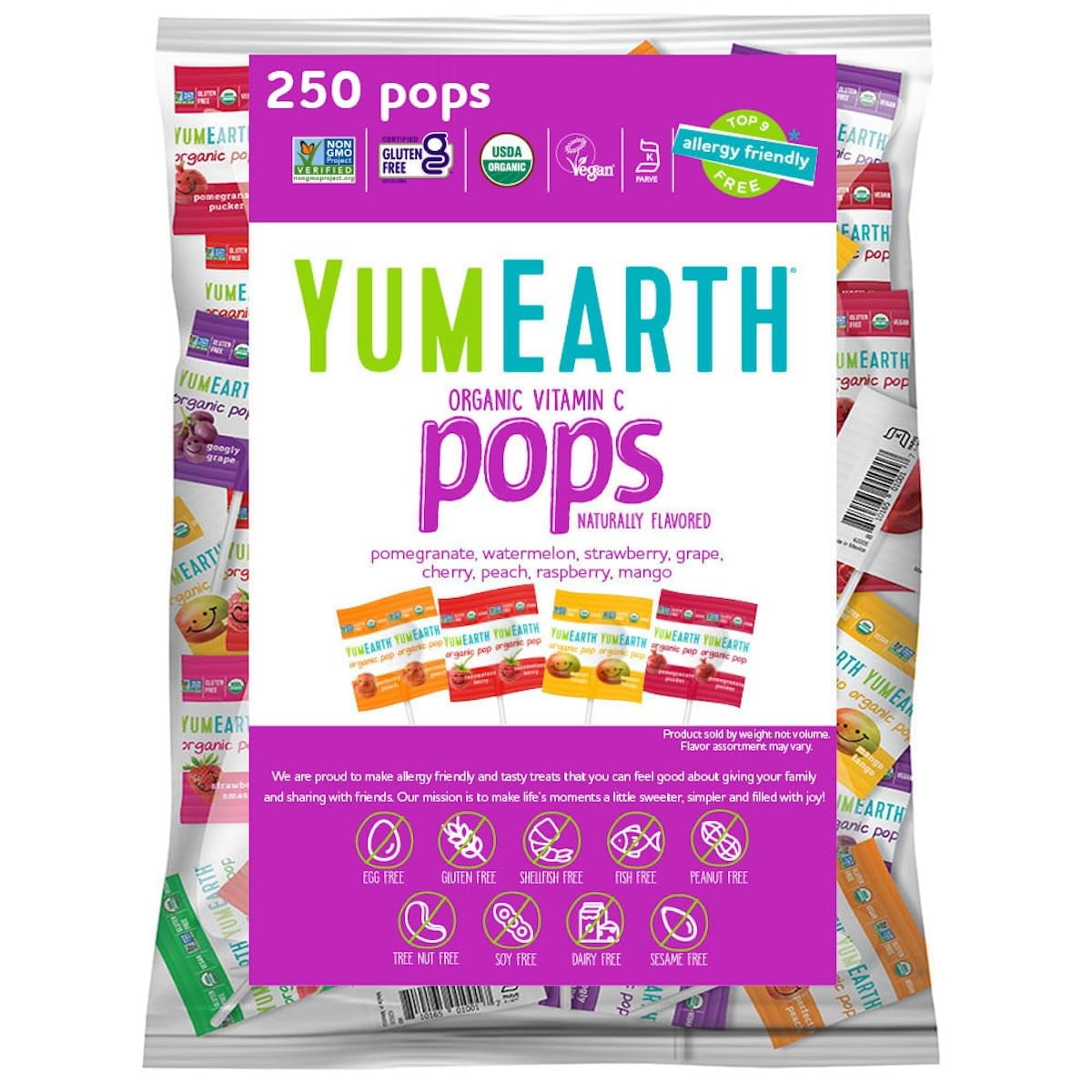 YumEarth Organic Vitamin C BCF26 Pops Variety Pack, 250 Fruit Flavored ...