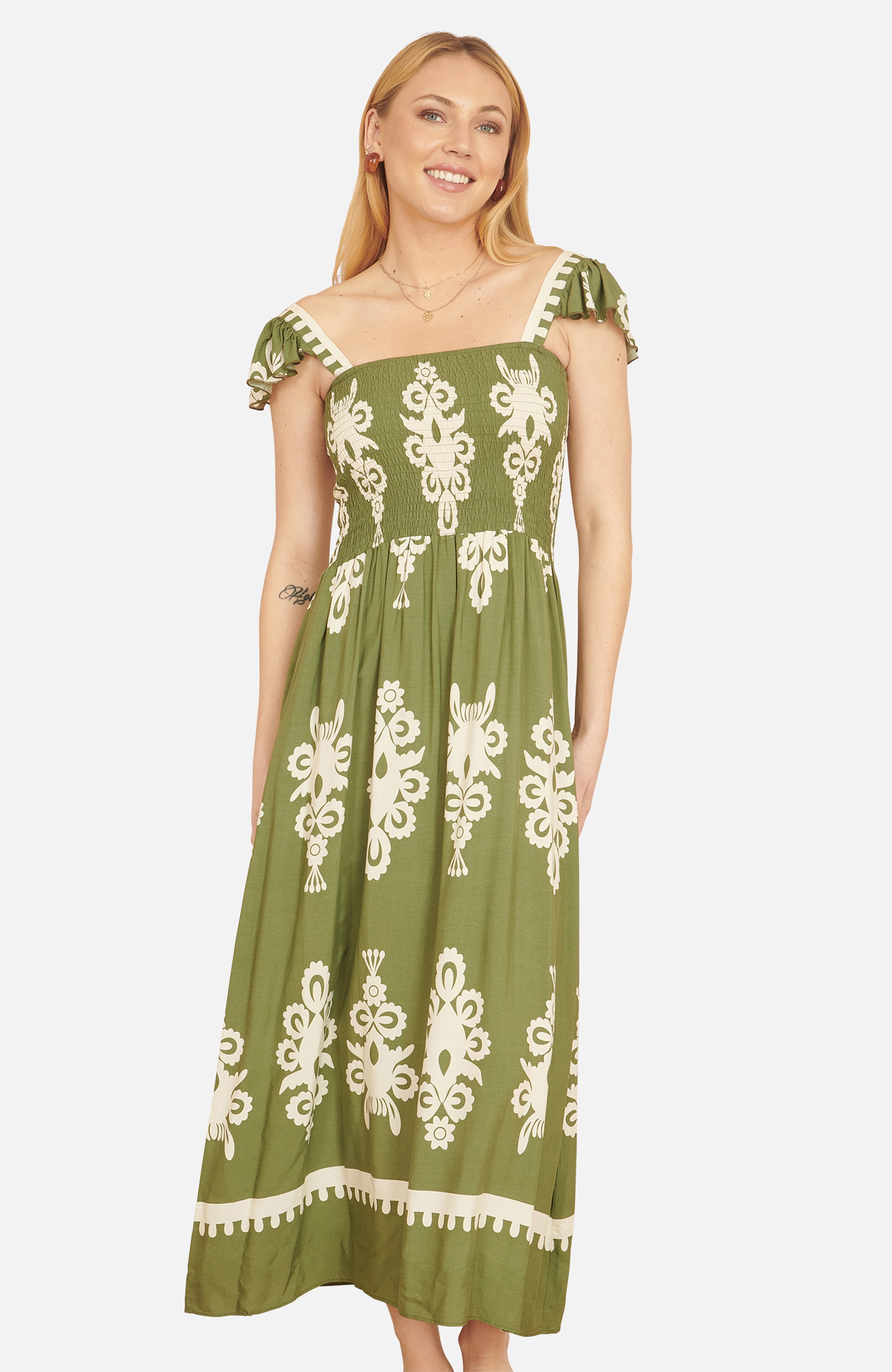 Yumi Block Print Ruched Maxi Dress - Green, 12 - Walmart.com