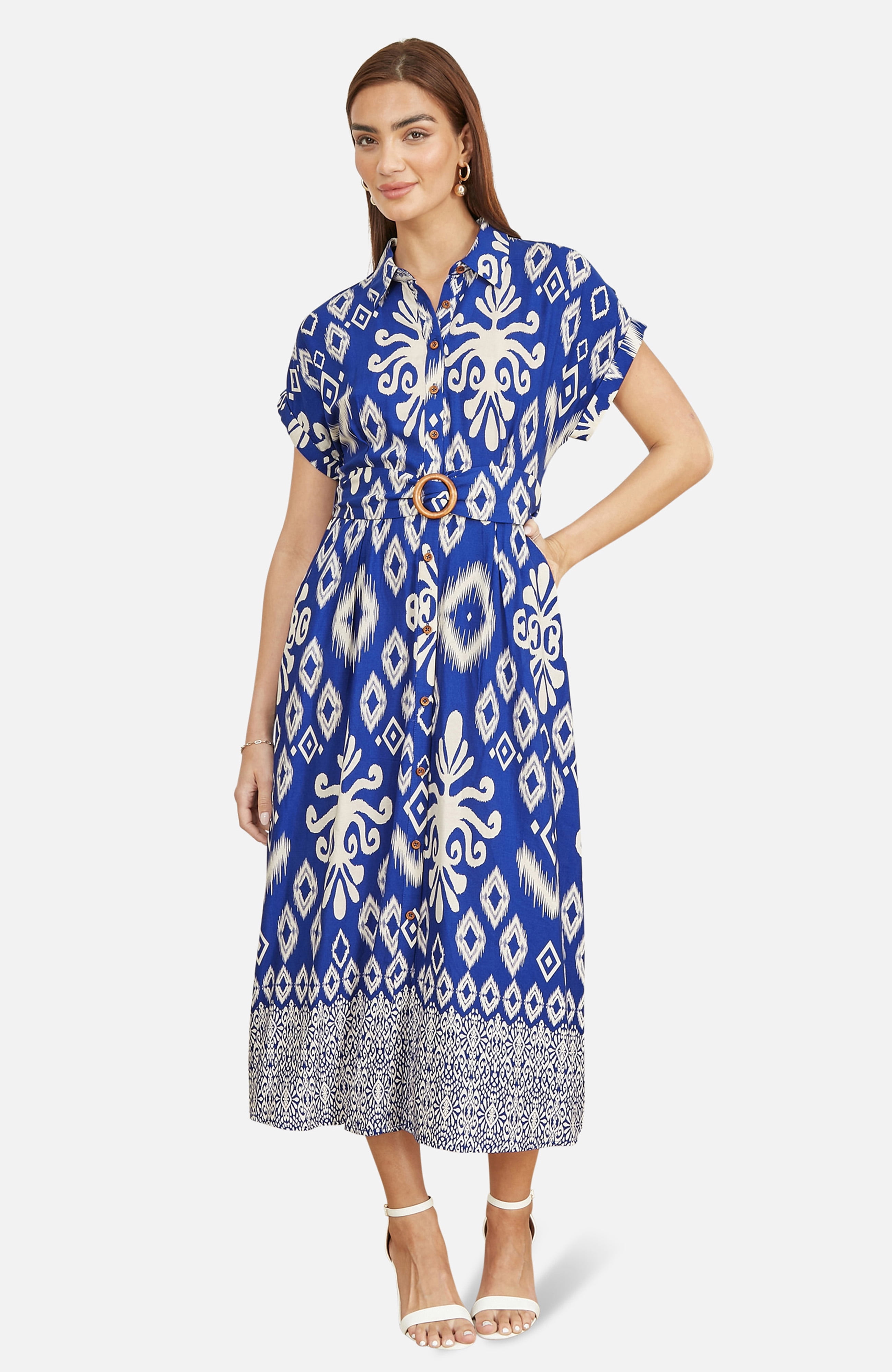 Yumi Geo Print Relaxed Midi Shirt Dress - Blue, 16 - Walmart.com