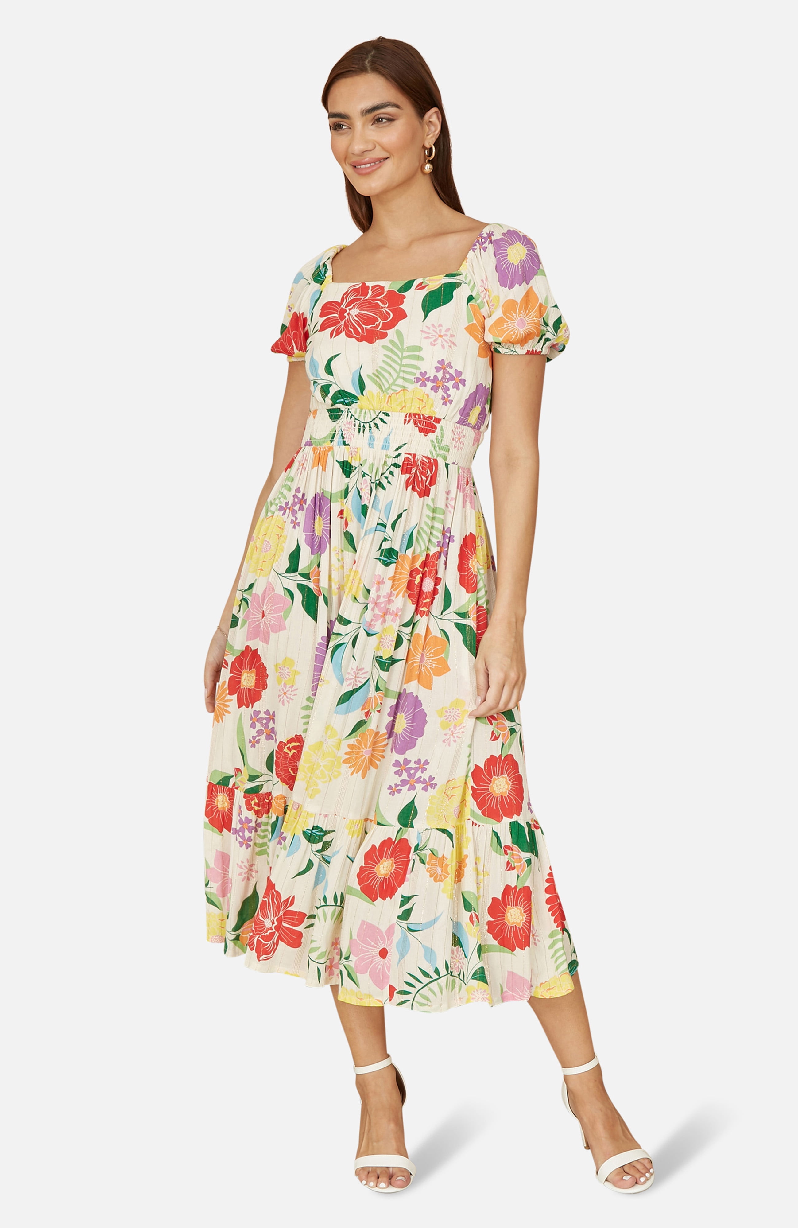 Yumi Short Sleeve Square Neck Midi Dress - White, 20 - Walmart.com