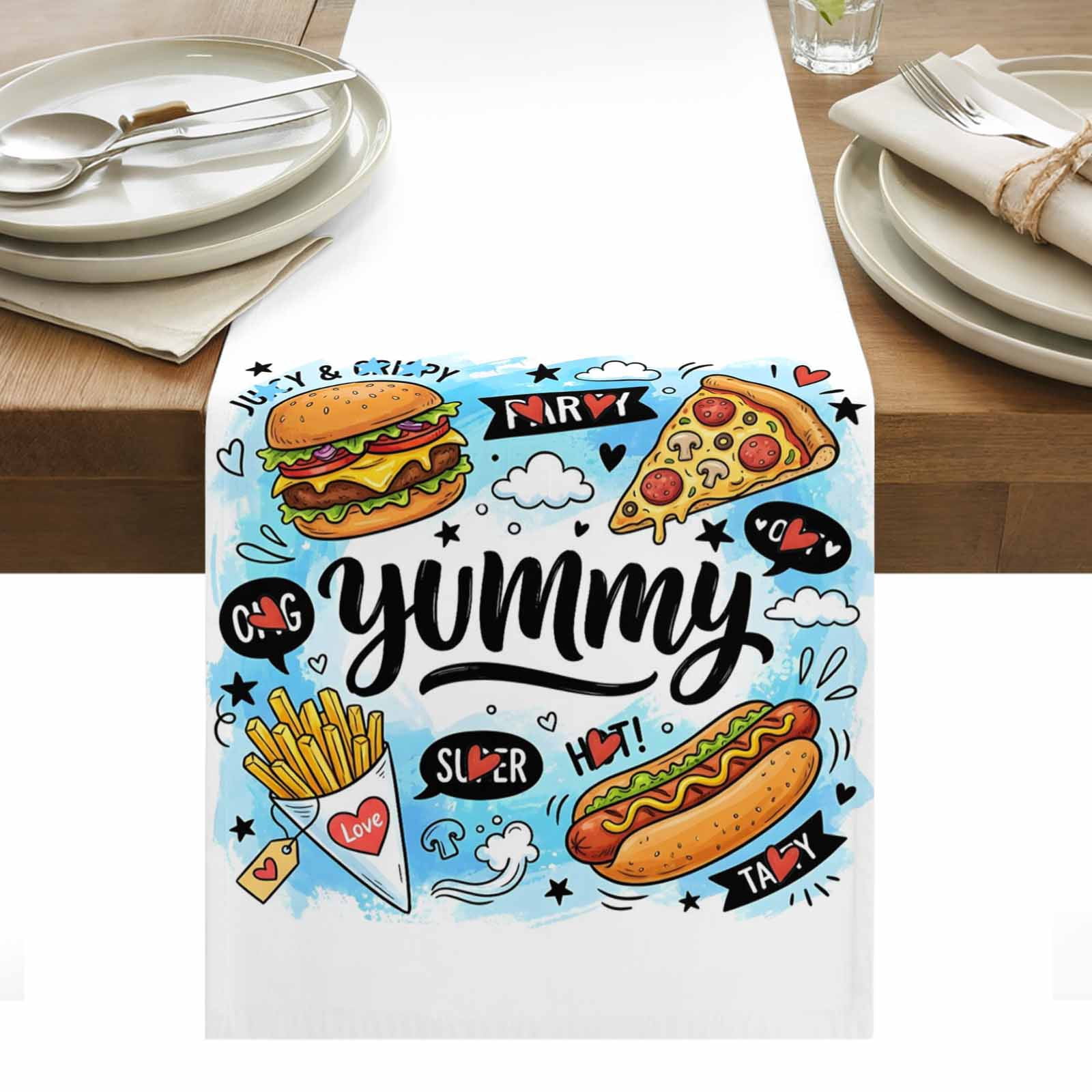 Yummy Food Table Runner 14 x 72 Inch, Watercolor Cartoon Food Graffiti ...