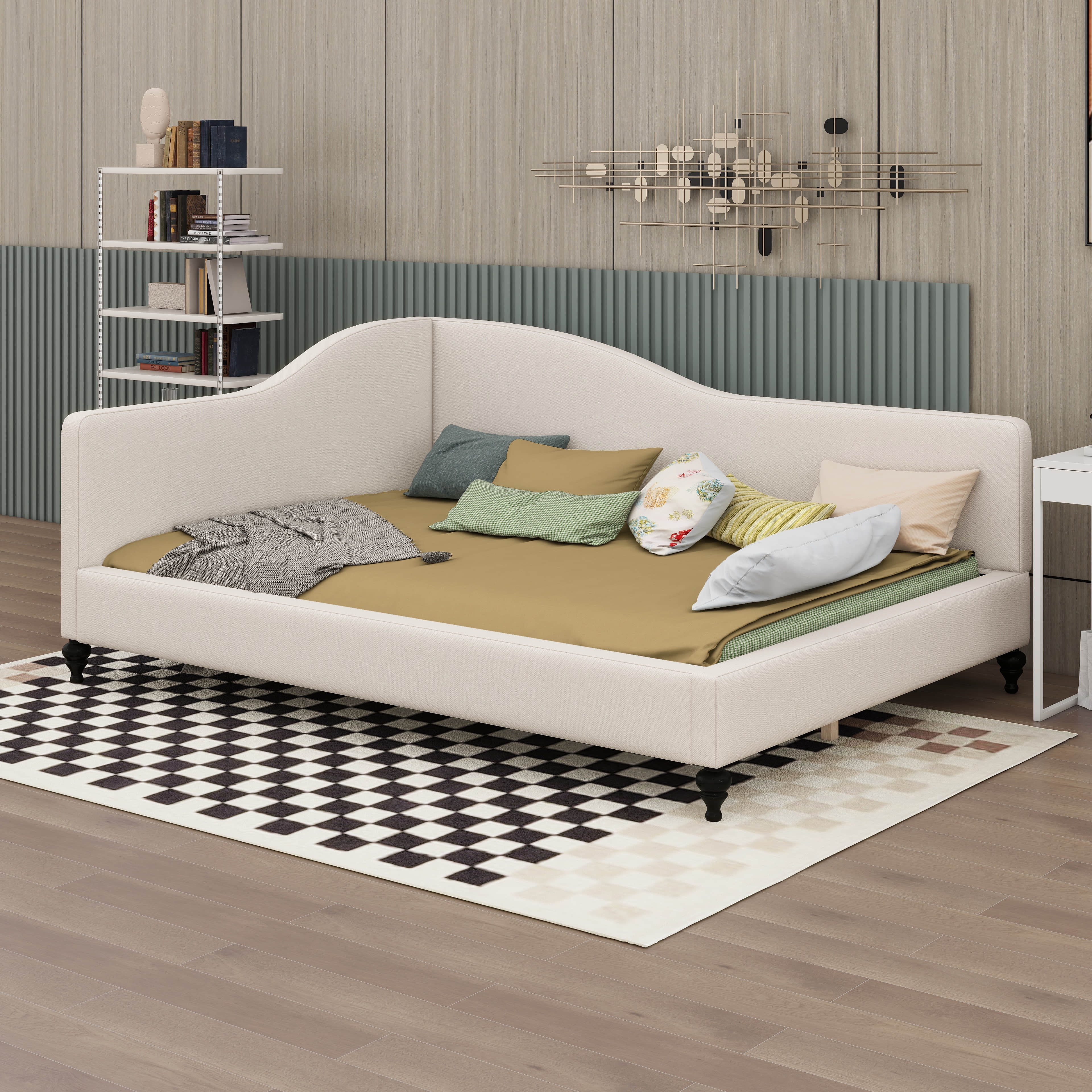 YunNianYang Full Size Beige L-Shaped Linen Daybed, with Solid Wood Legs ...