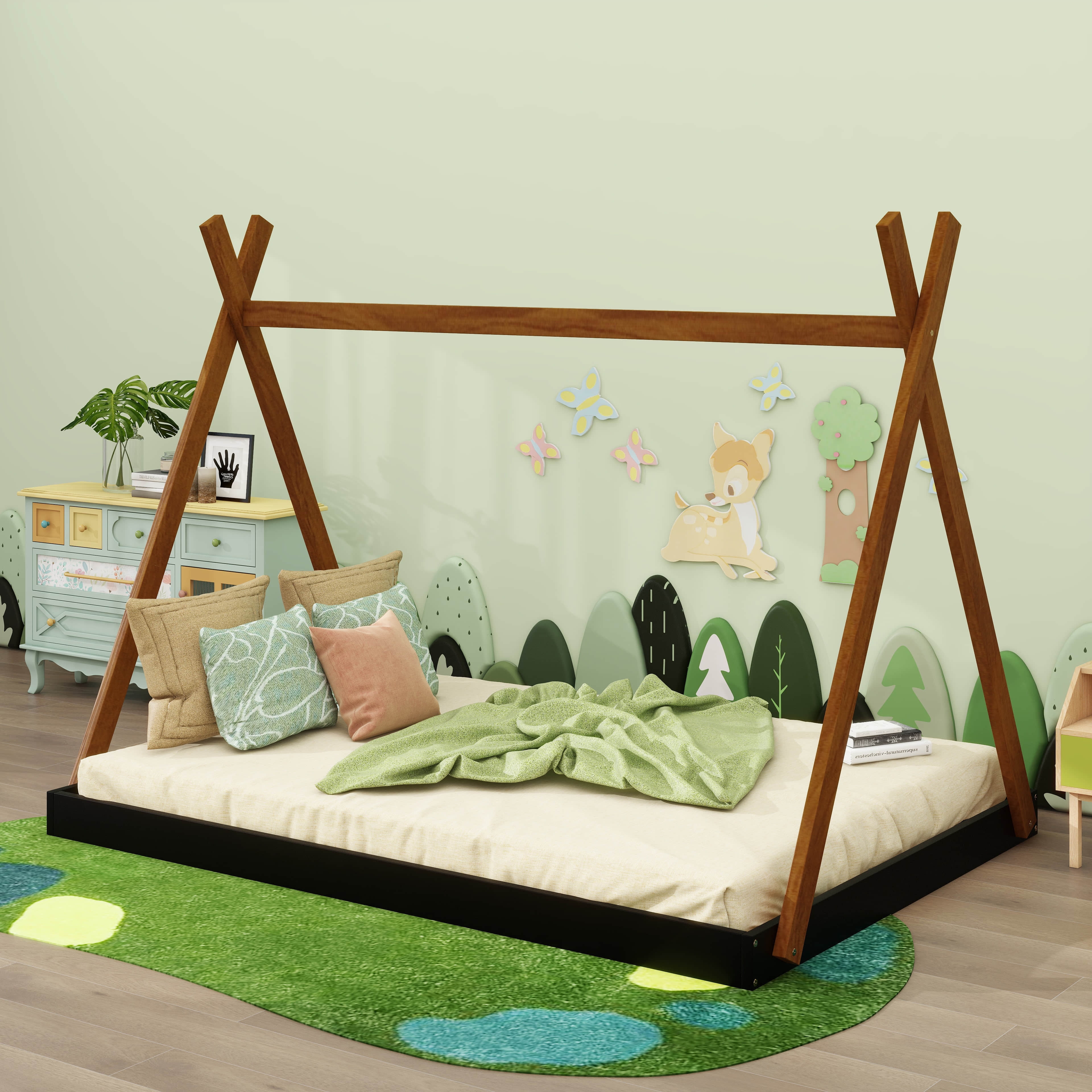 YunNianYang Full Size Black+Brown Tent Floor Bed with Triangle ...