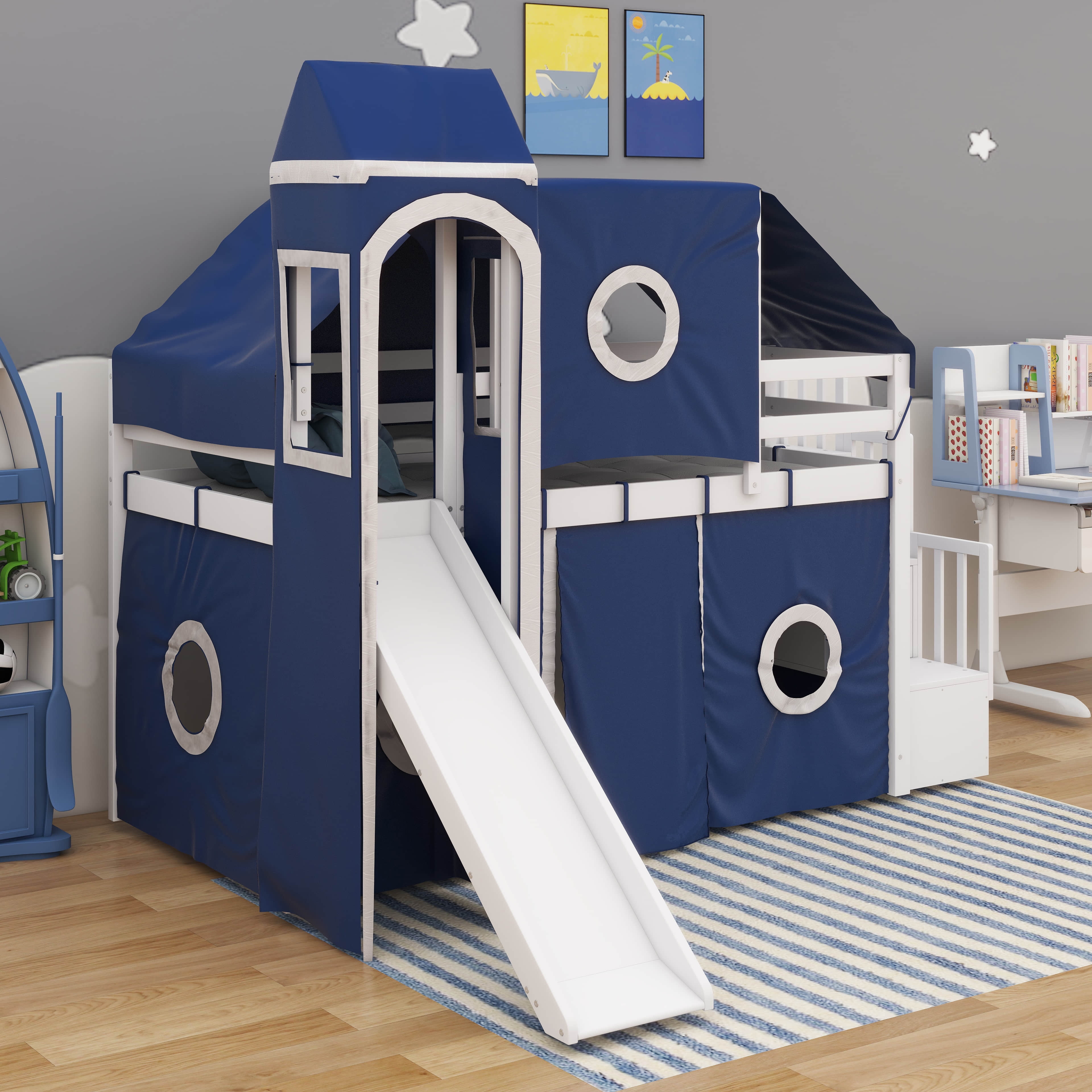 YunNianYang Full Size Blue Loft Bed with Tent and Tower - Walmart.com