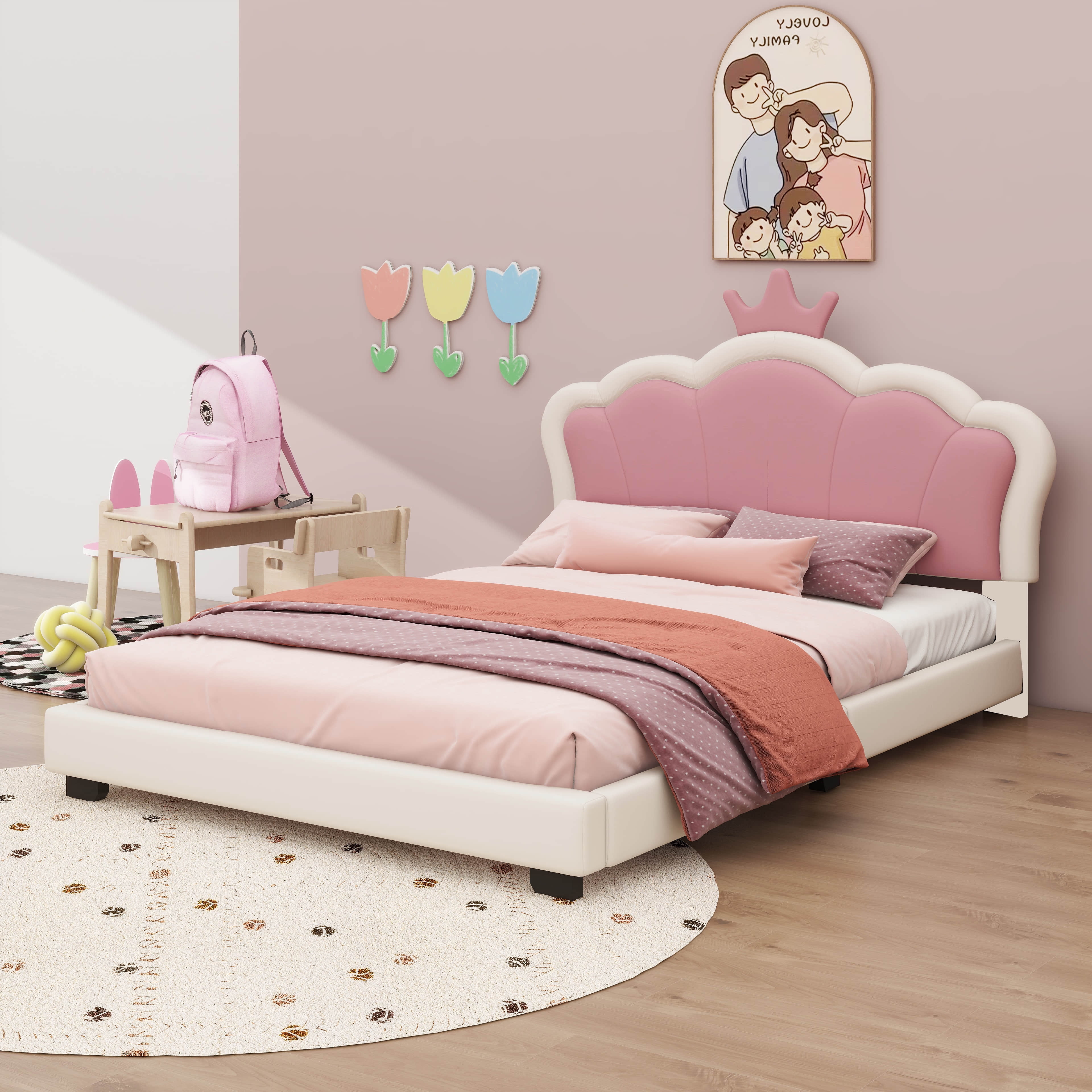 YunNianYang Full Size Cream+Pink Upholstered Princess Bed With Crown ...