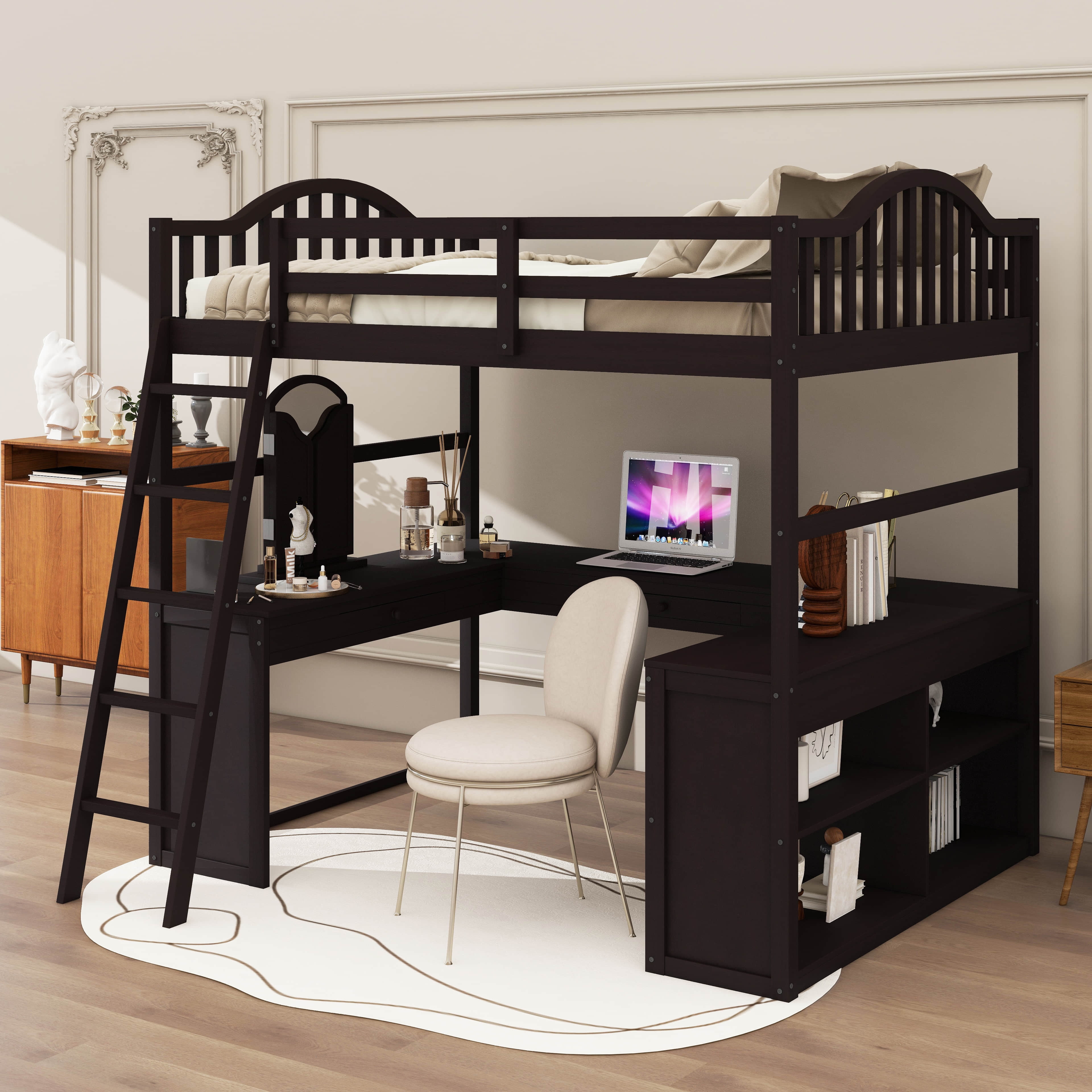 YunNianYang Full Size Espresso Wooden Loft Bed with U-shaped Desk,Storage Compartments and Tri ...