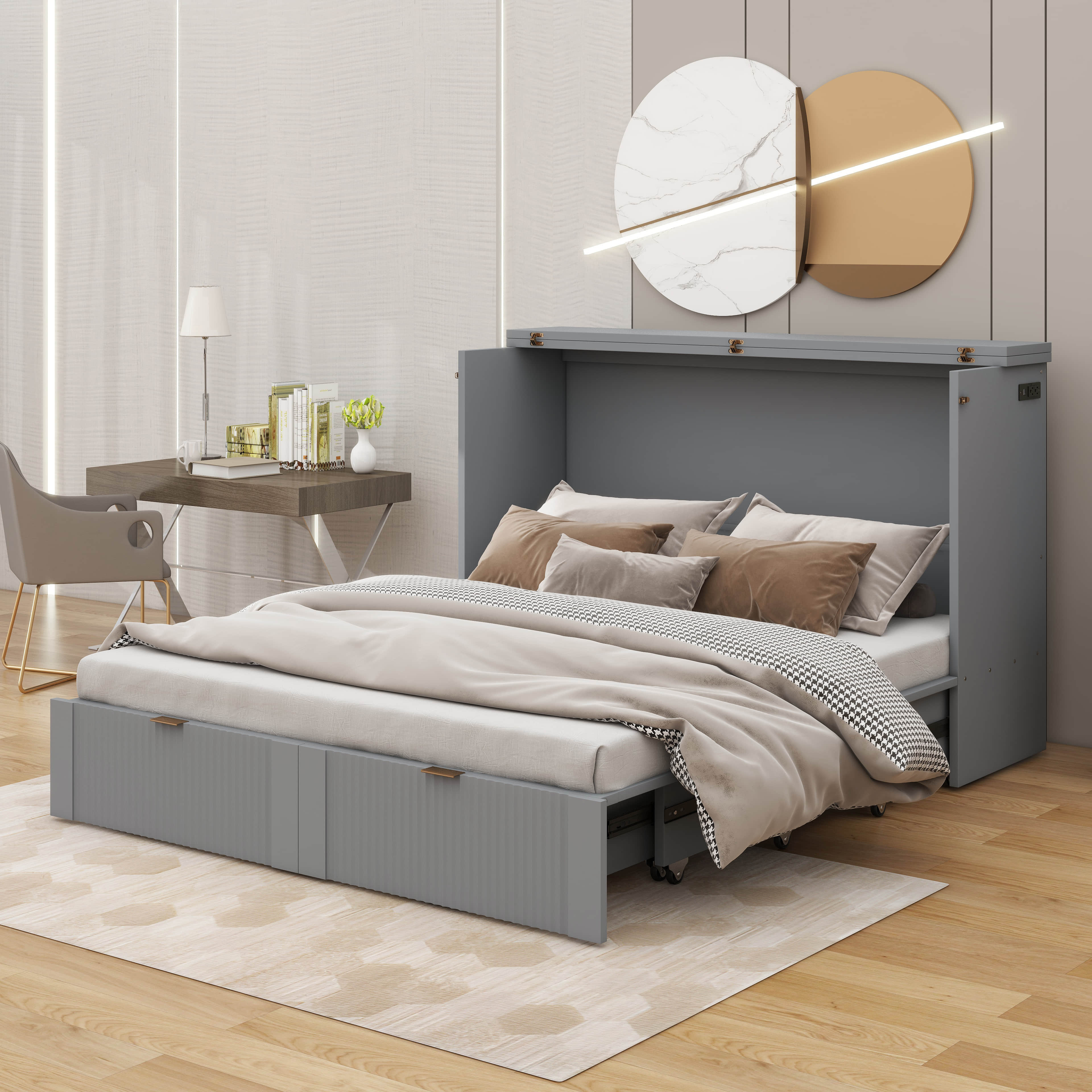 YunNianYang Full Size Gray Murphy Bed with Drawer and a set of Sockets ...