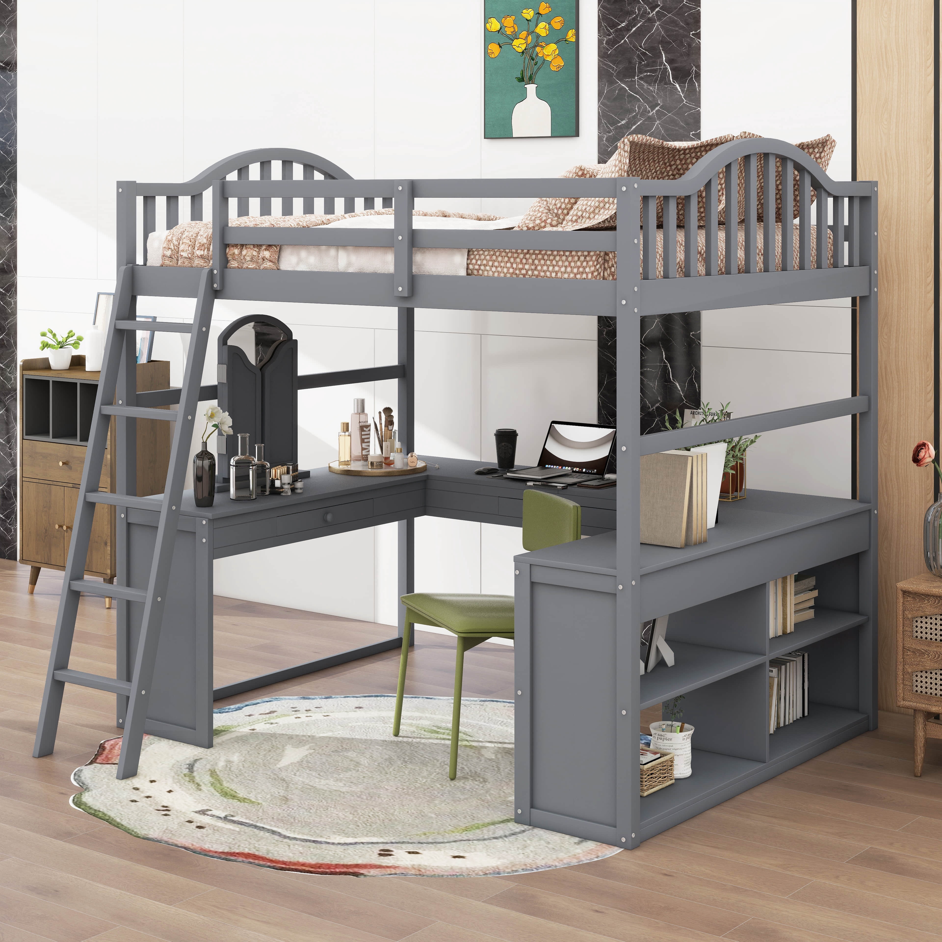 YunNianYang Full Size Gray Wooden Loft Bed with U-shaped Desk,Storage ...
