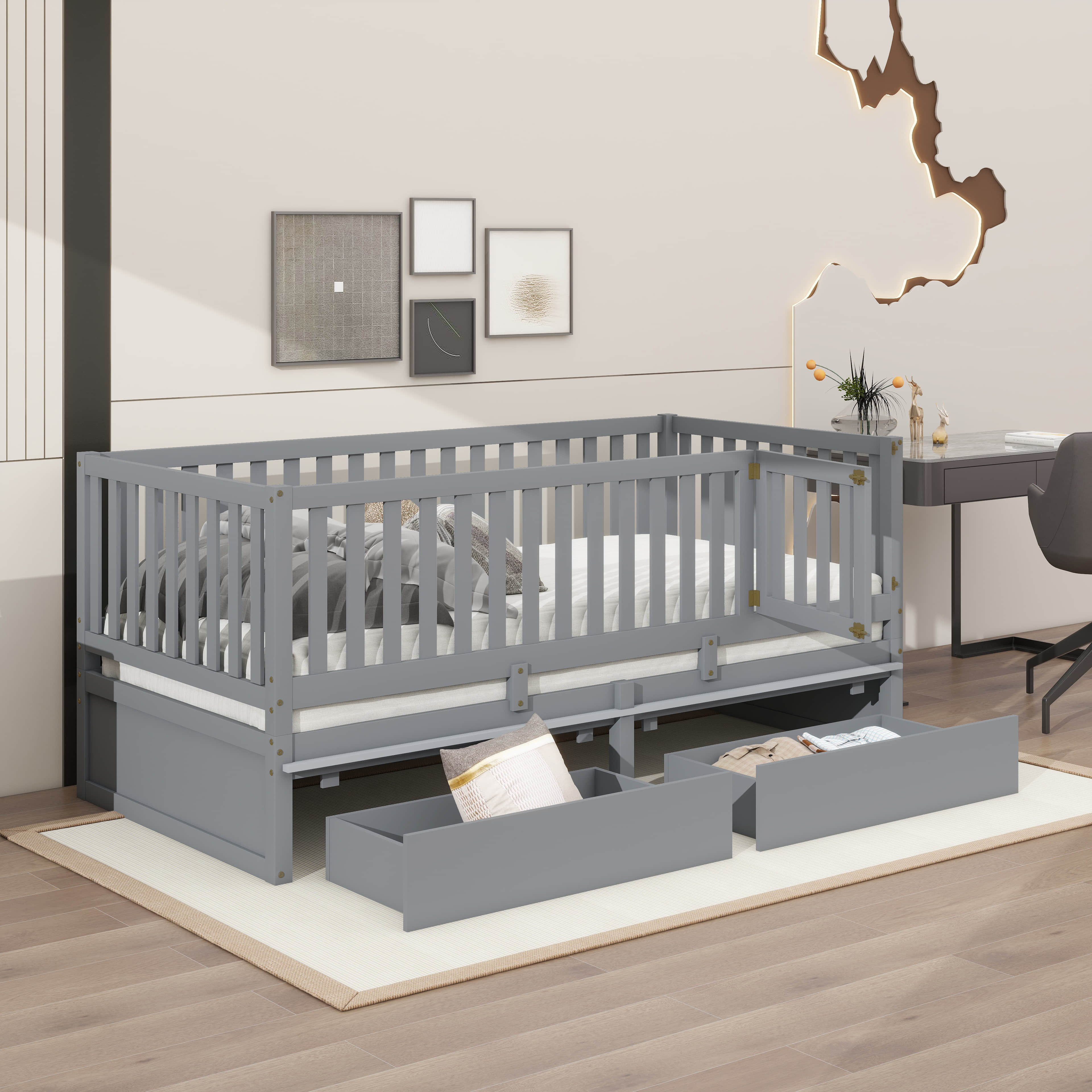 YunNianYang Full Size Gray Wood Daybed with Fence Guardrails and 2 ...
