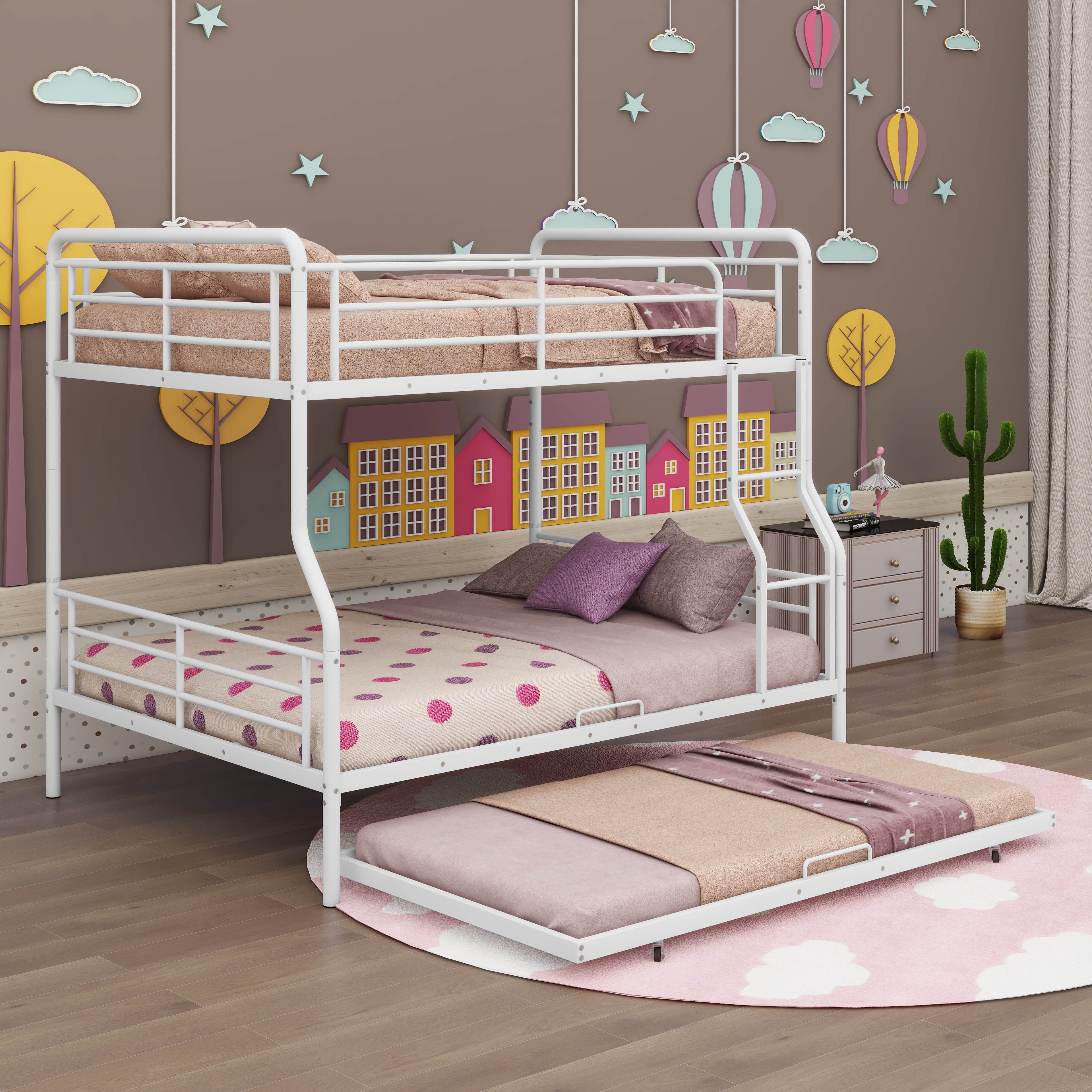 YunNianYang Full XL Over Queen Size White Metal Bunk Bed with Twin Size ...