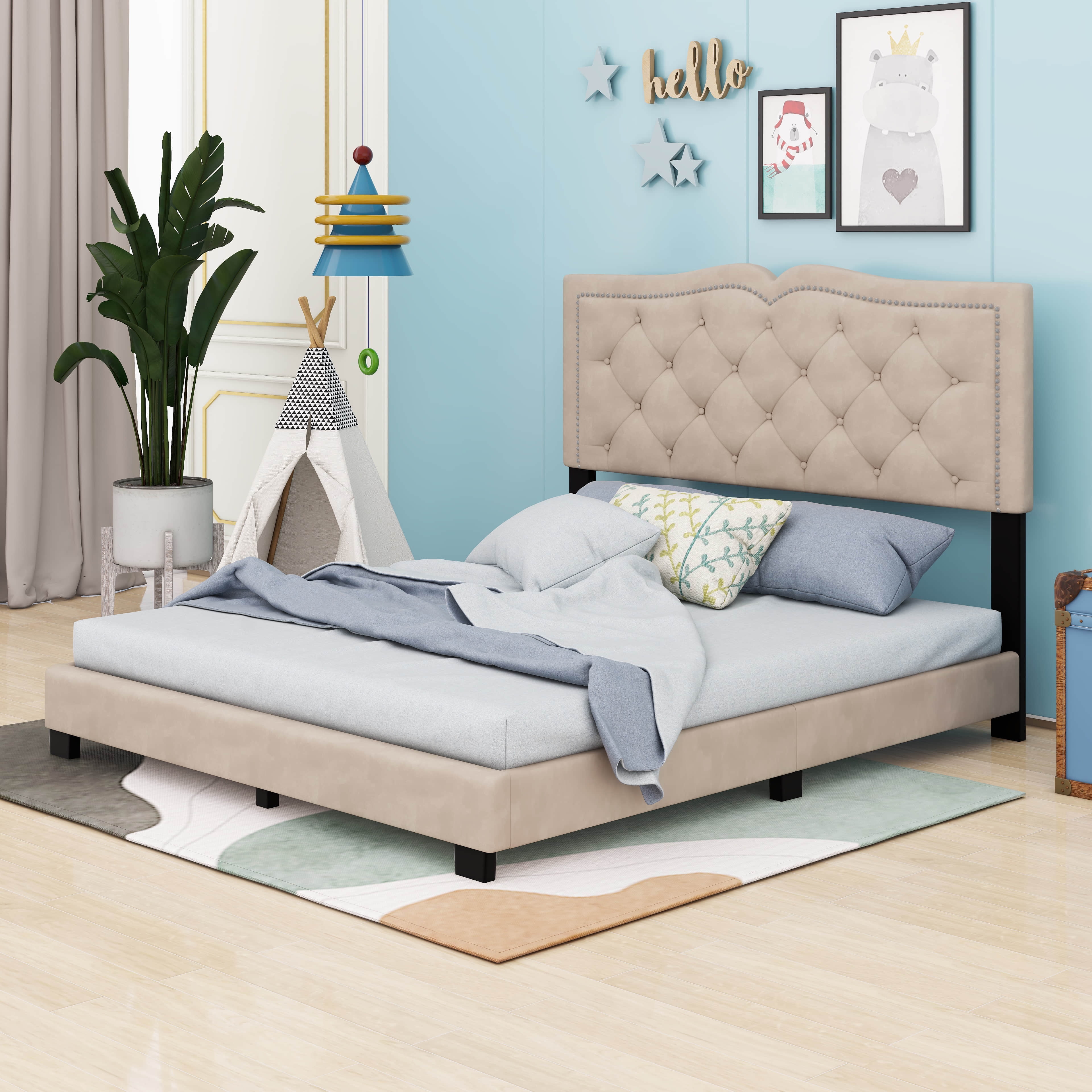 YunNianYang Queen Size Beige Upholstered Bed Frame with Rivet Design ...