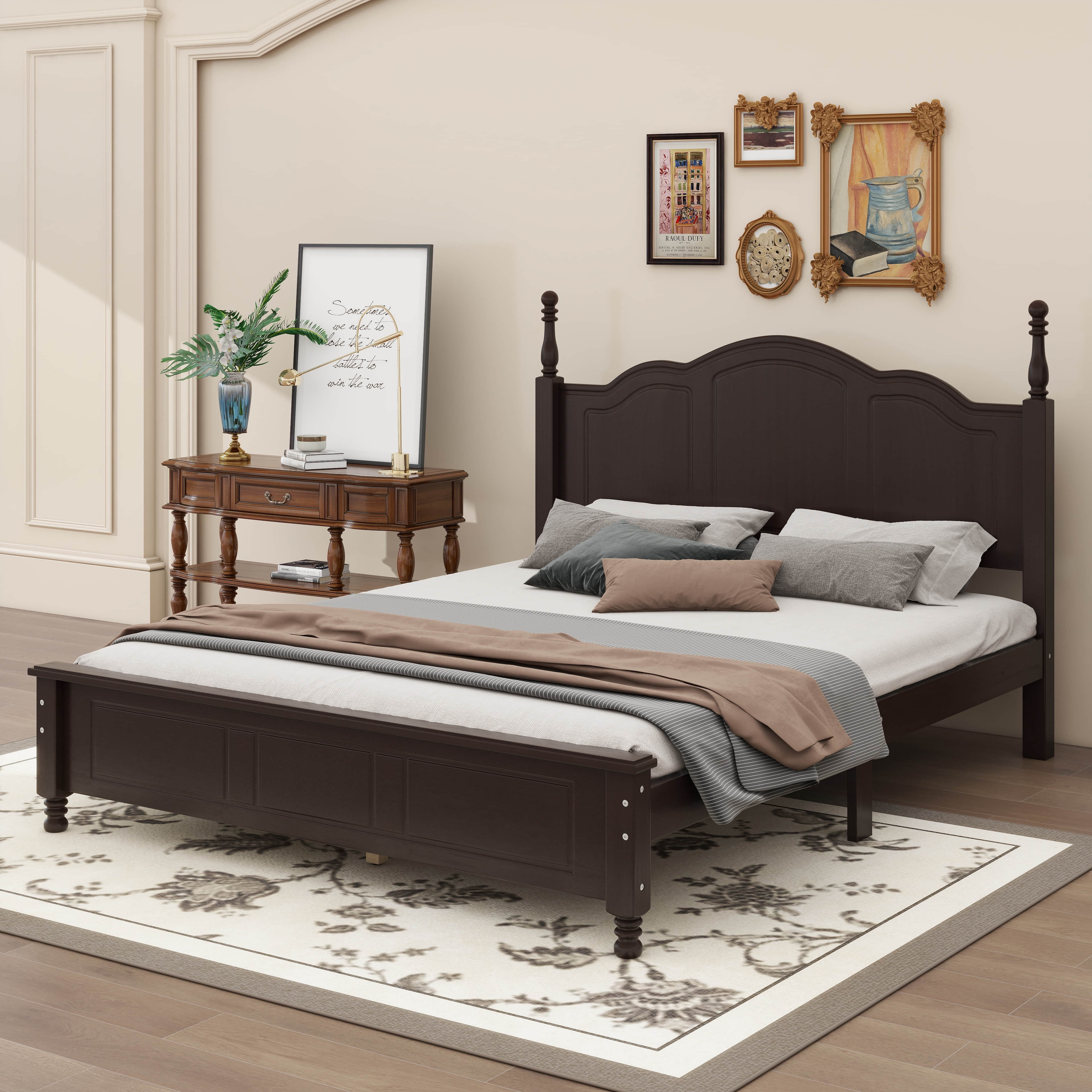 YunNianYang Queen Size Dark Walnut Wood Platform Bed Frame,Retro Style ...