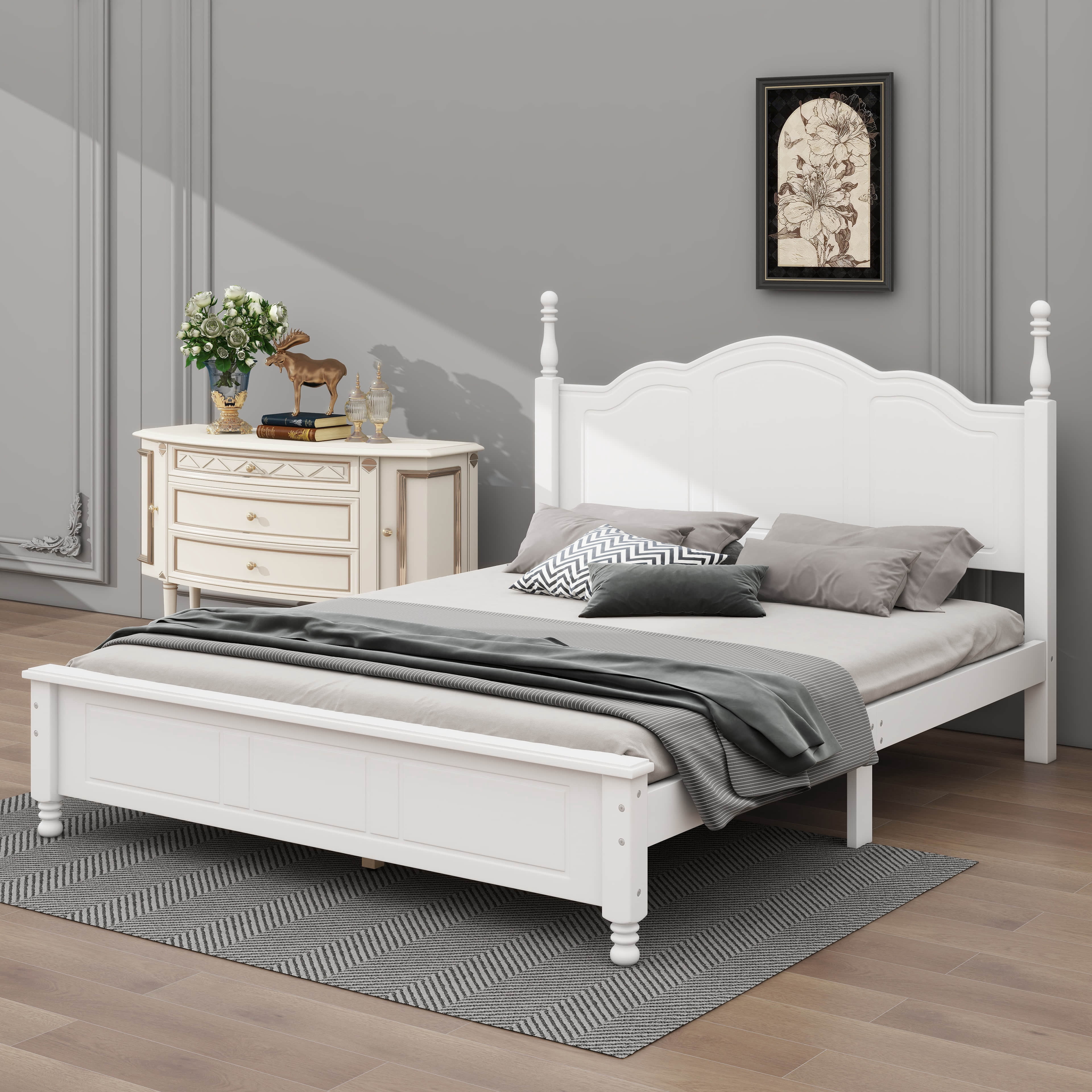 YunNianYang Queen Size White Wood Platform Bed Frame,Retro Style ...