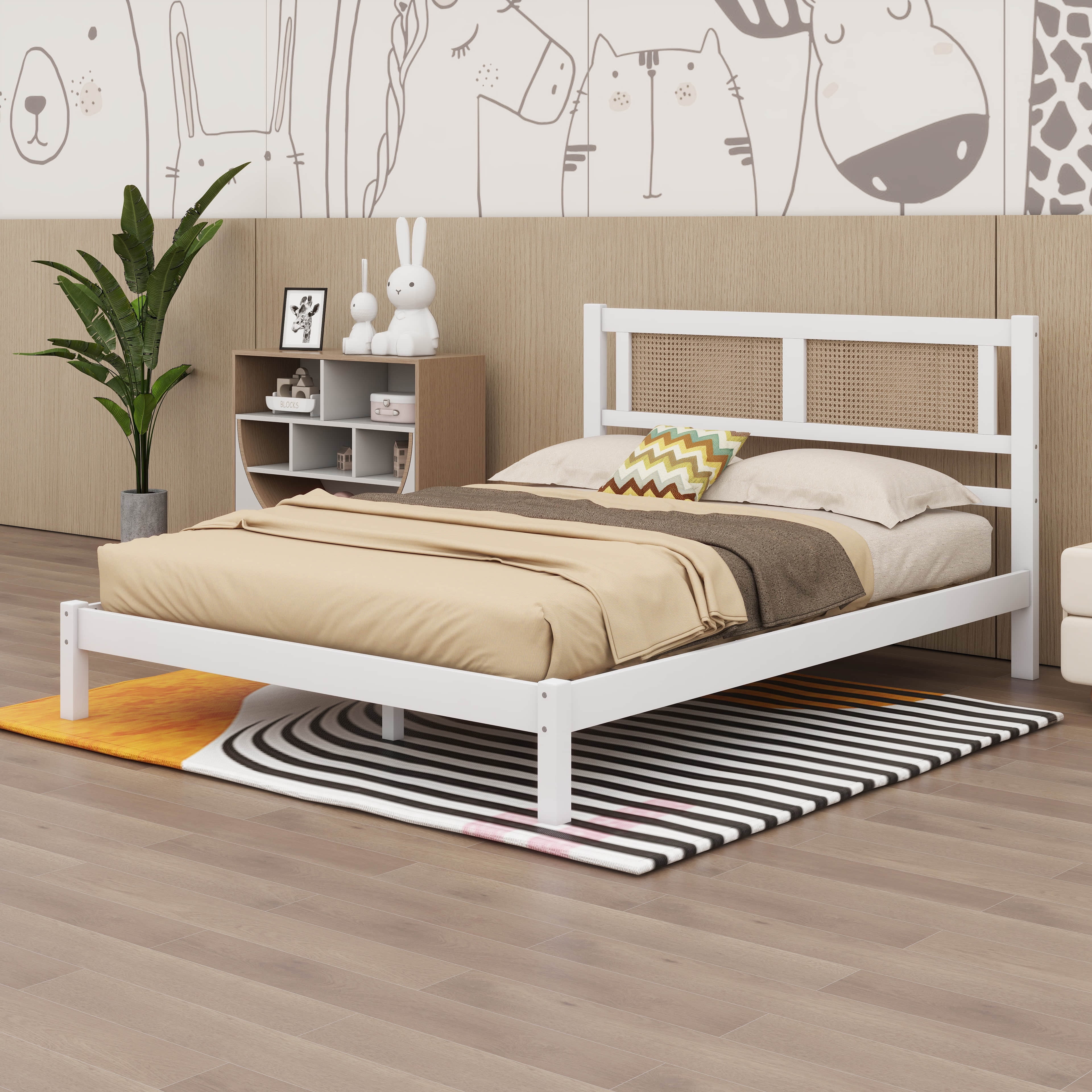 YunNianYang Queen Size White Wood Platform Bed with Natural Rattan ...