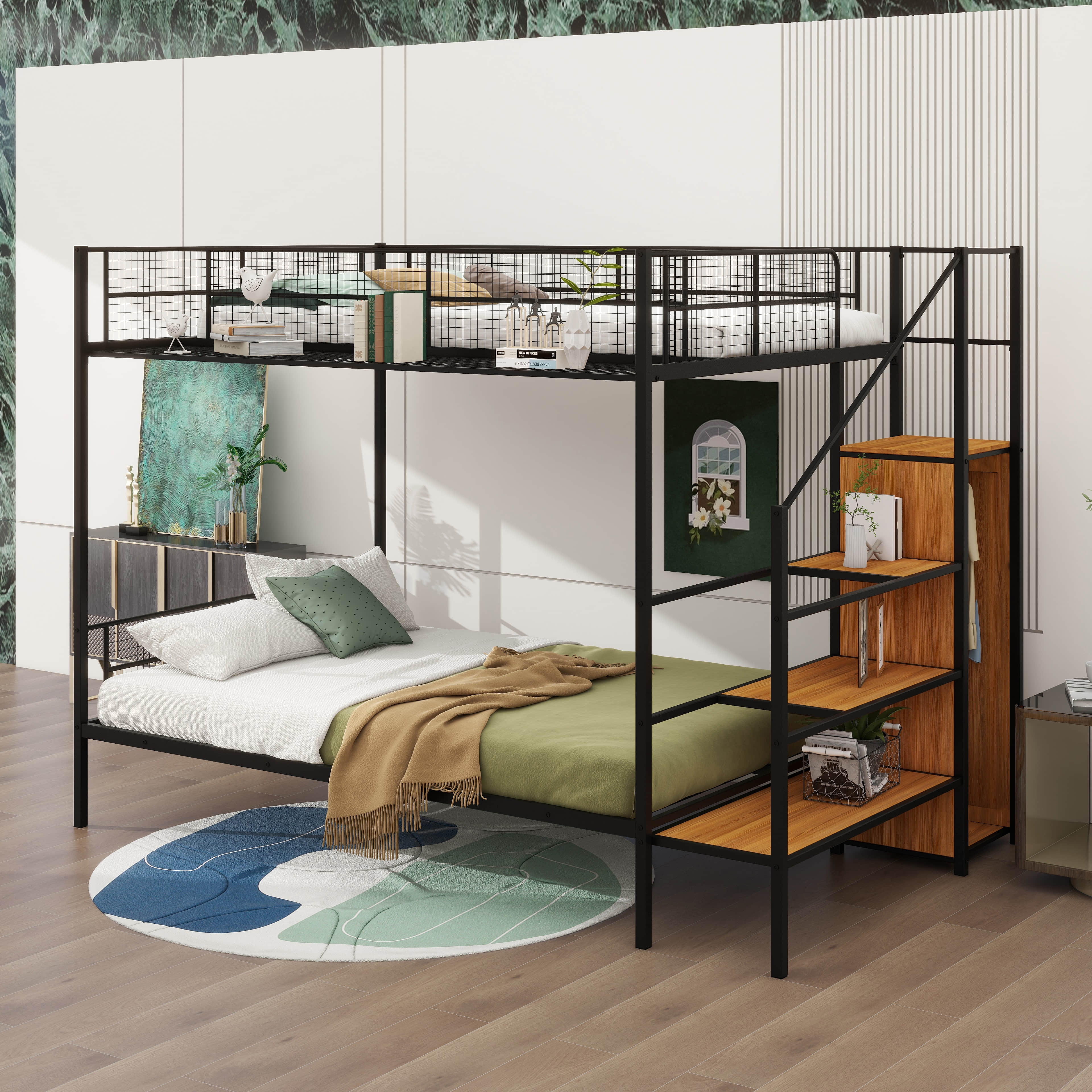 YunNianYang Twin Over Full Size Black Metal Bunk Bed with Wire Shelving ...