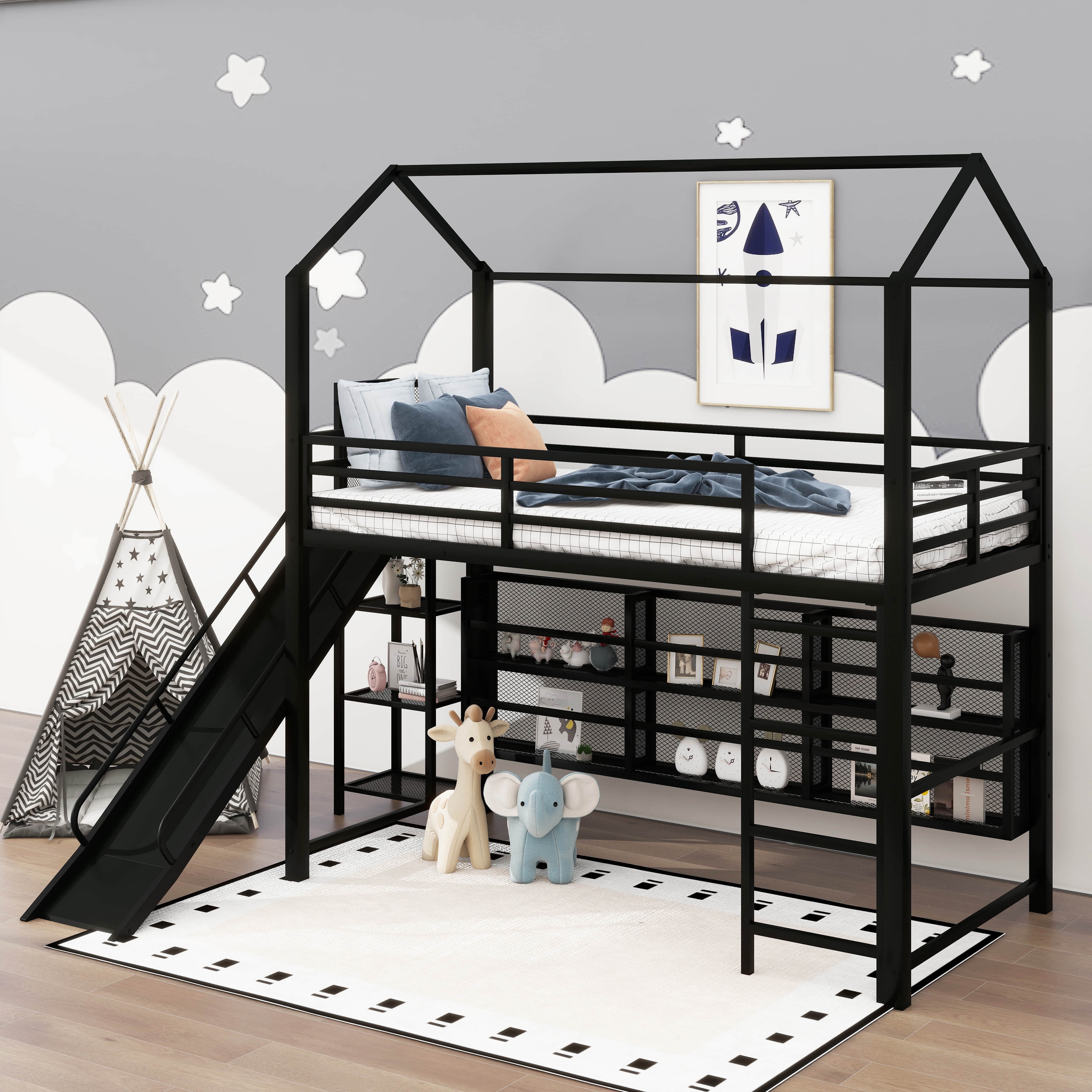 YunNianYang Twin Size Black House Metal Loft Bed with Iron mesh Shelves ...