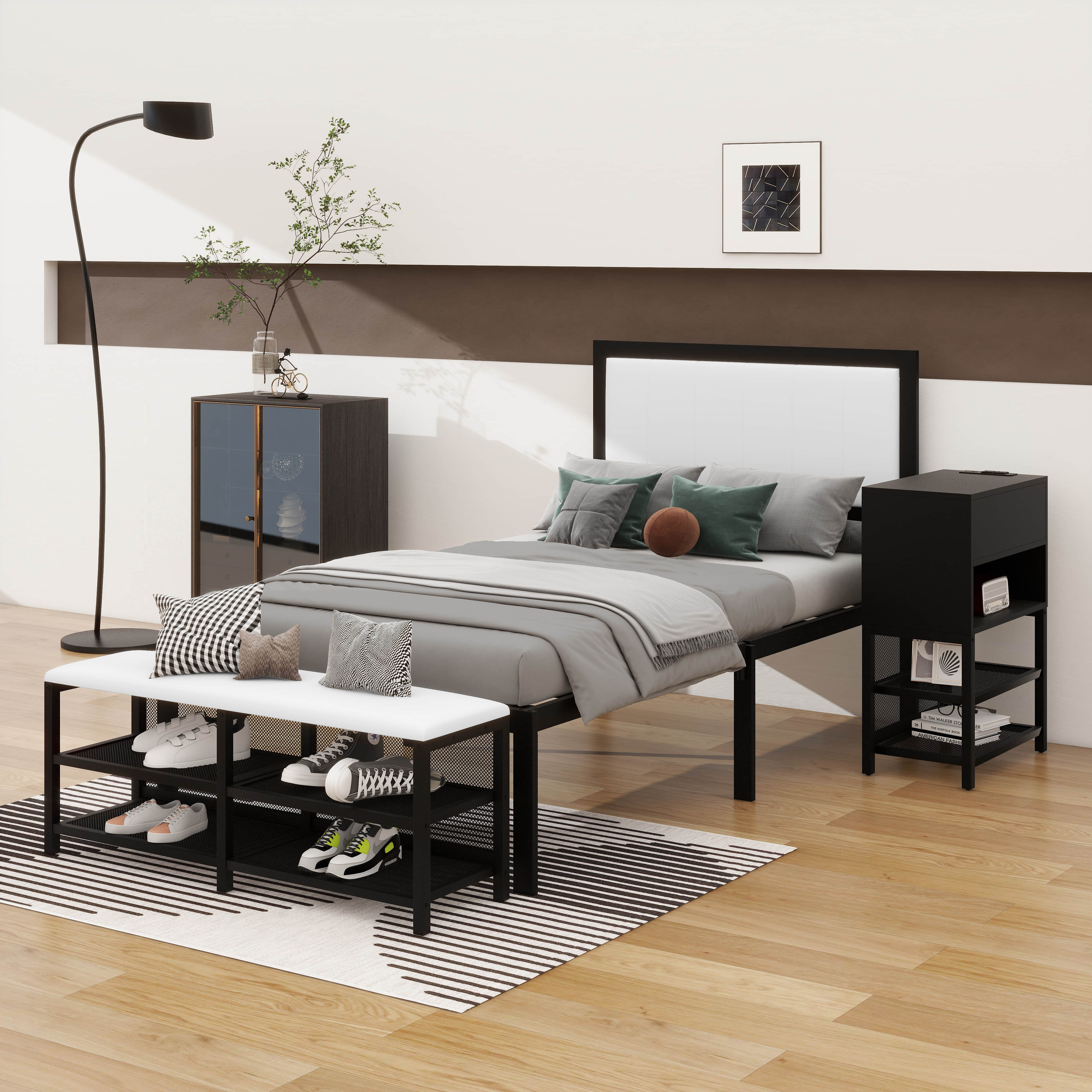 YunNianYang Twin Size Black Metal Platform Bed with Two-Tier Storage ...
