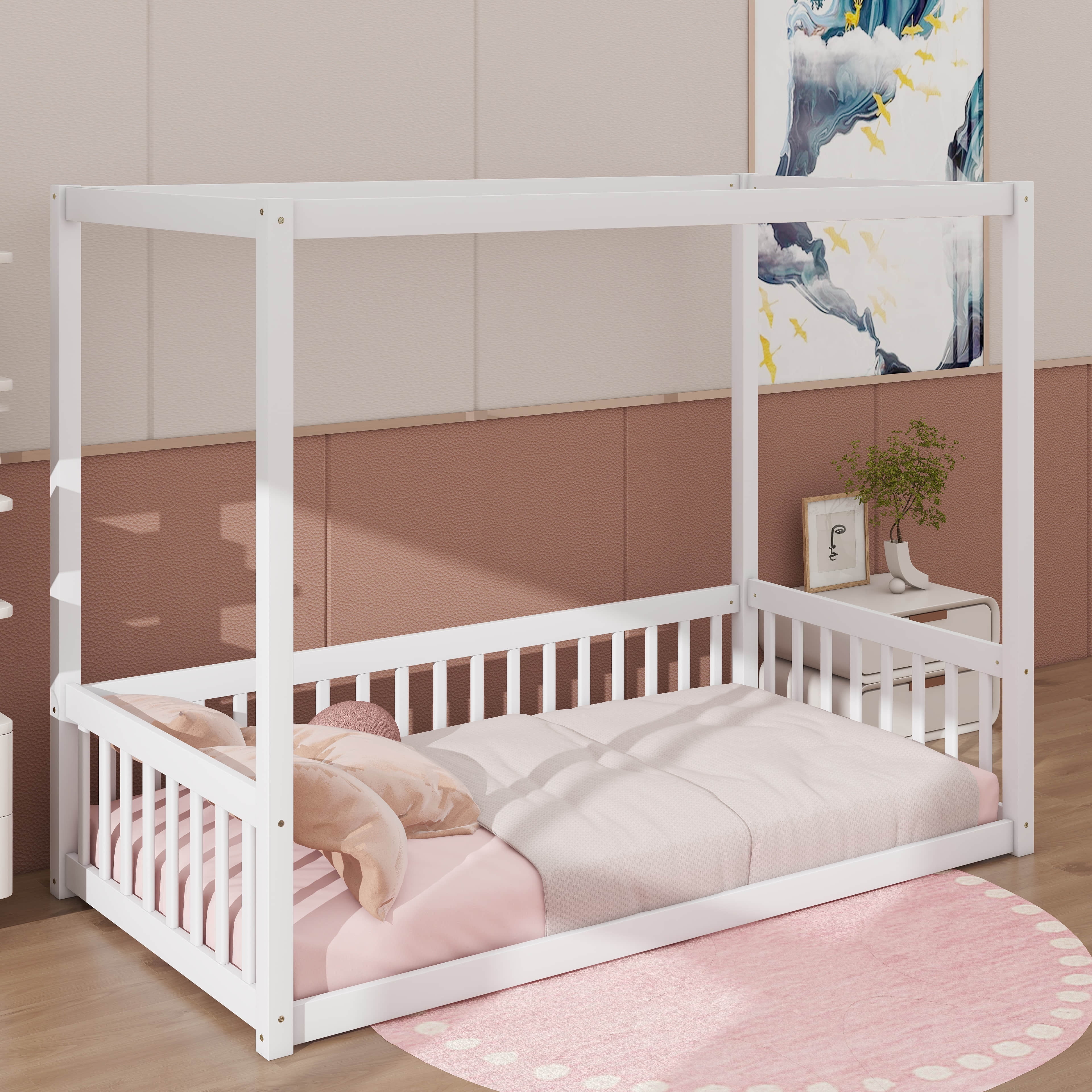 YunNianYang Twin Size Canopy Frame Floor Bed with Fence and Guardrails ...