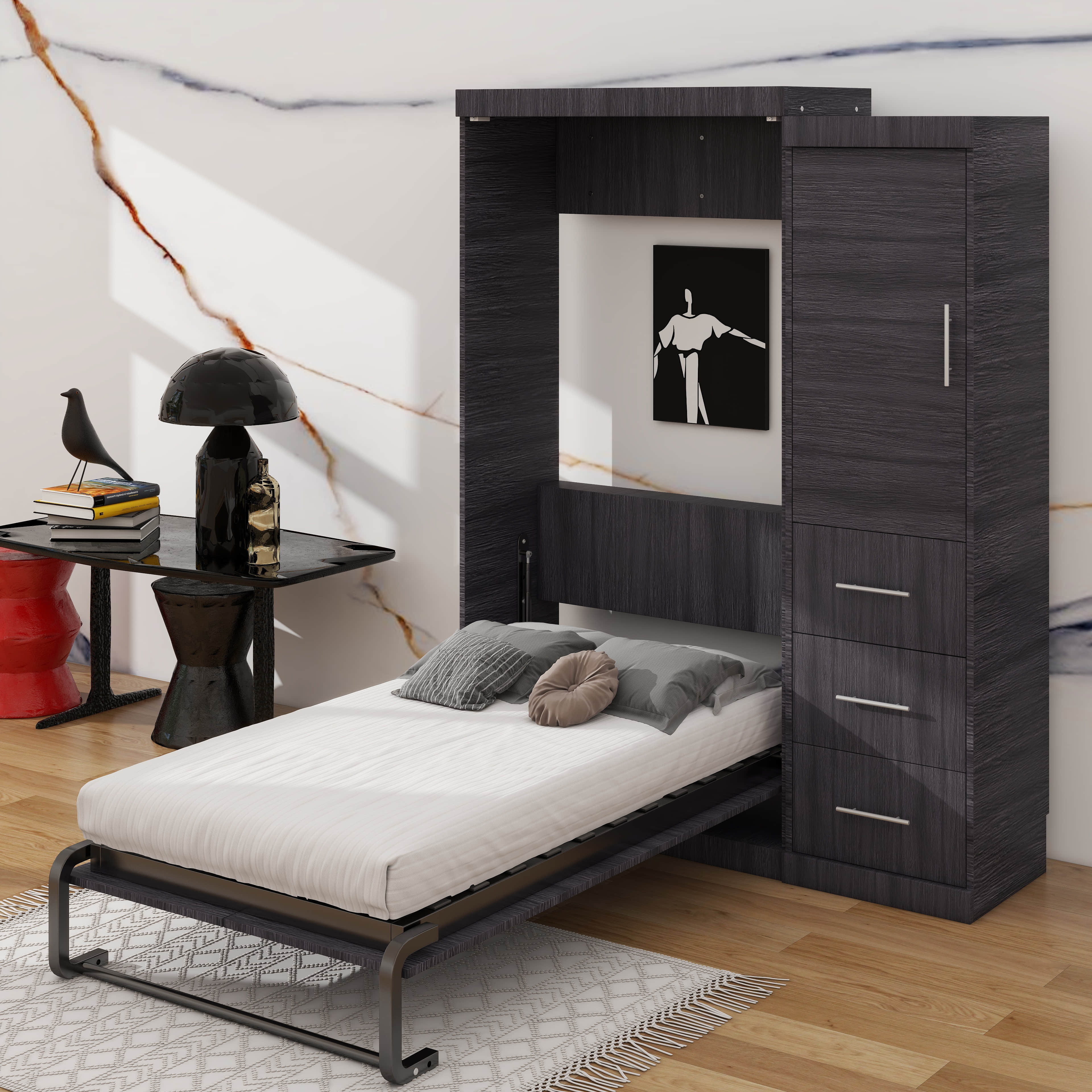 YunNianYang Twin Size Gray Murphy Bed with Wardrobe,Storage Bed and ...