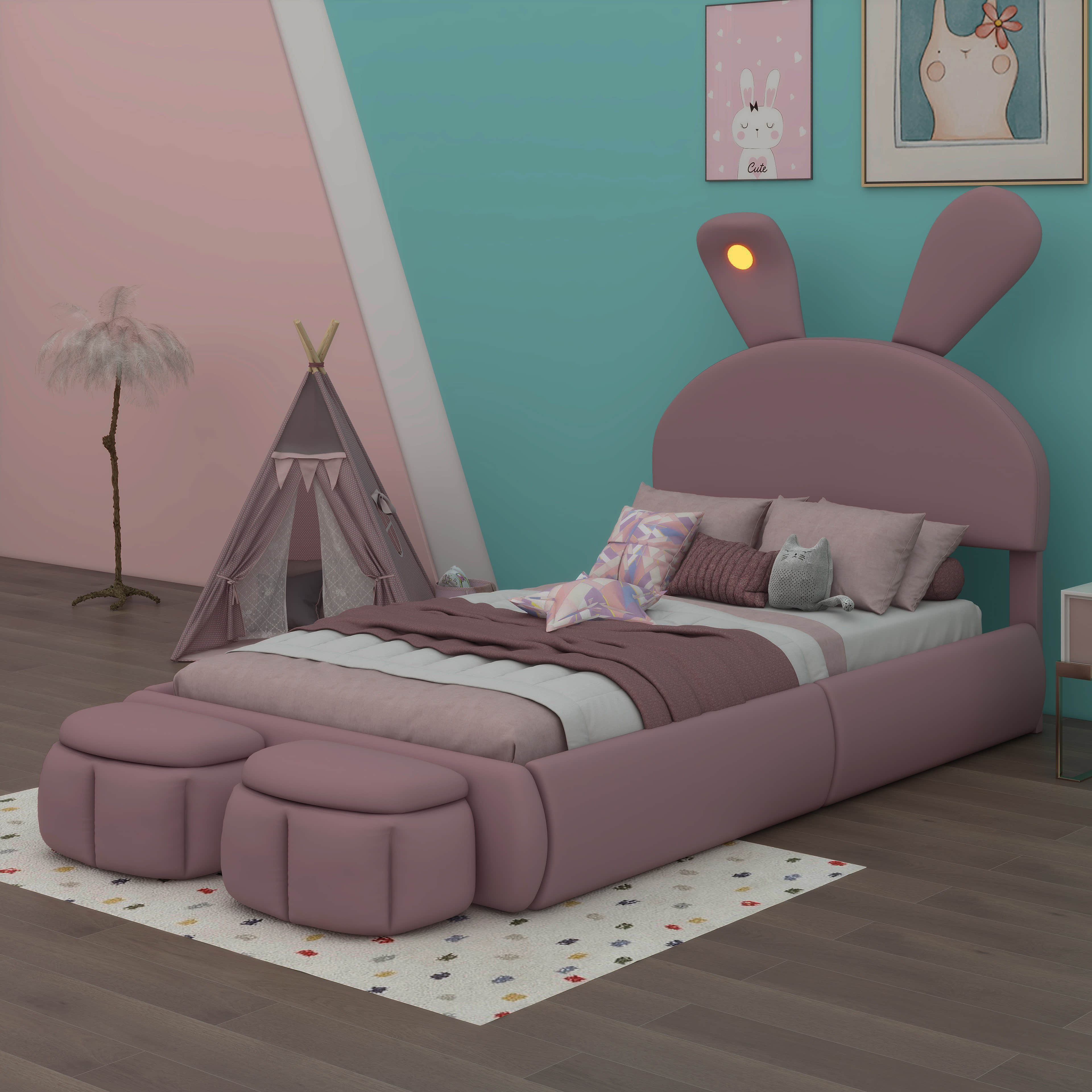 YunNianYang Twin Size Pink Upholstered Platform Bed with Cartoon Ears ...