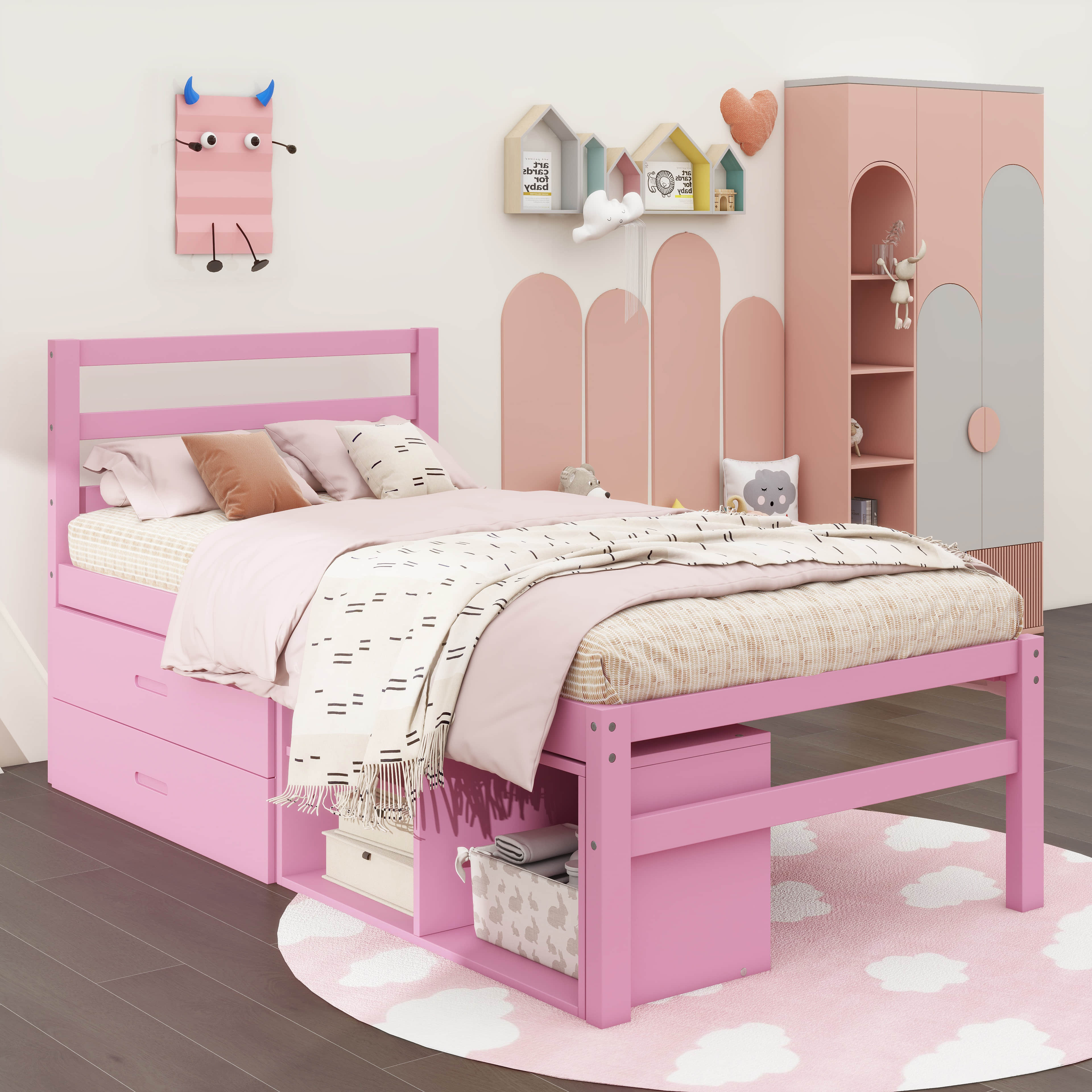 YunNianYang Twin Size Pink Wood Platform Bed with Removable Storage ...